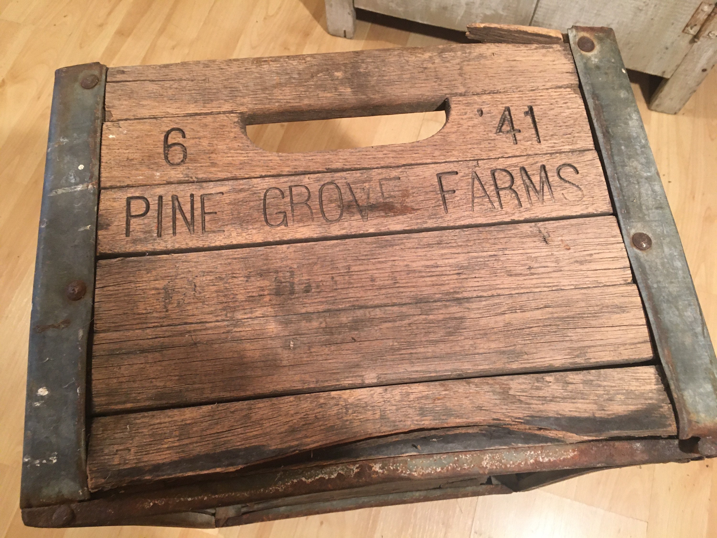 Vintage Pine Grove Farms Milk Crate, Wood and Metal Milk Crate ...