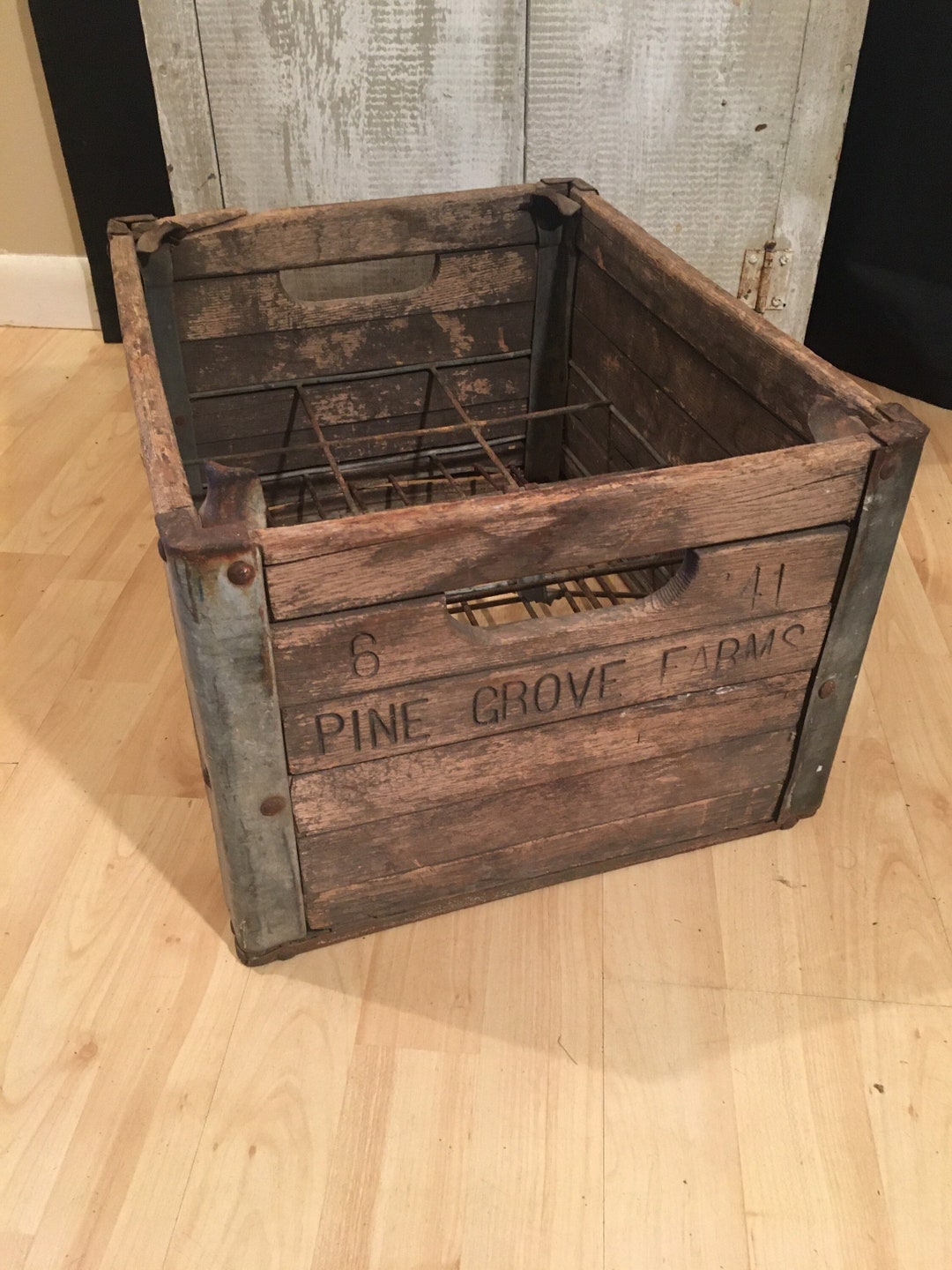 Vintage Pine Grove Farms Milk Crate, Wood and Metal Milk Crate ...