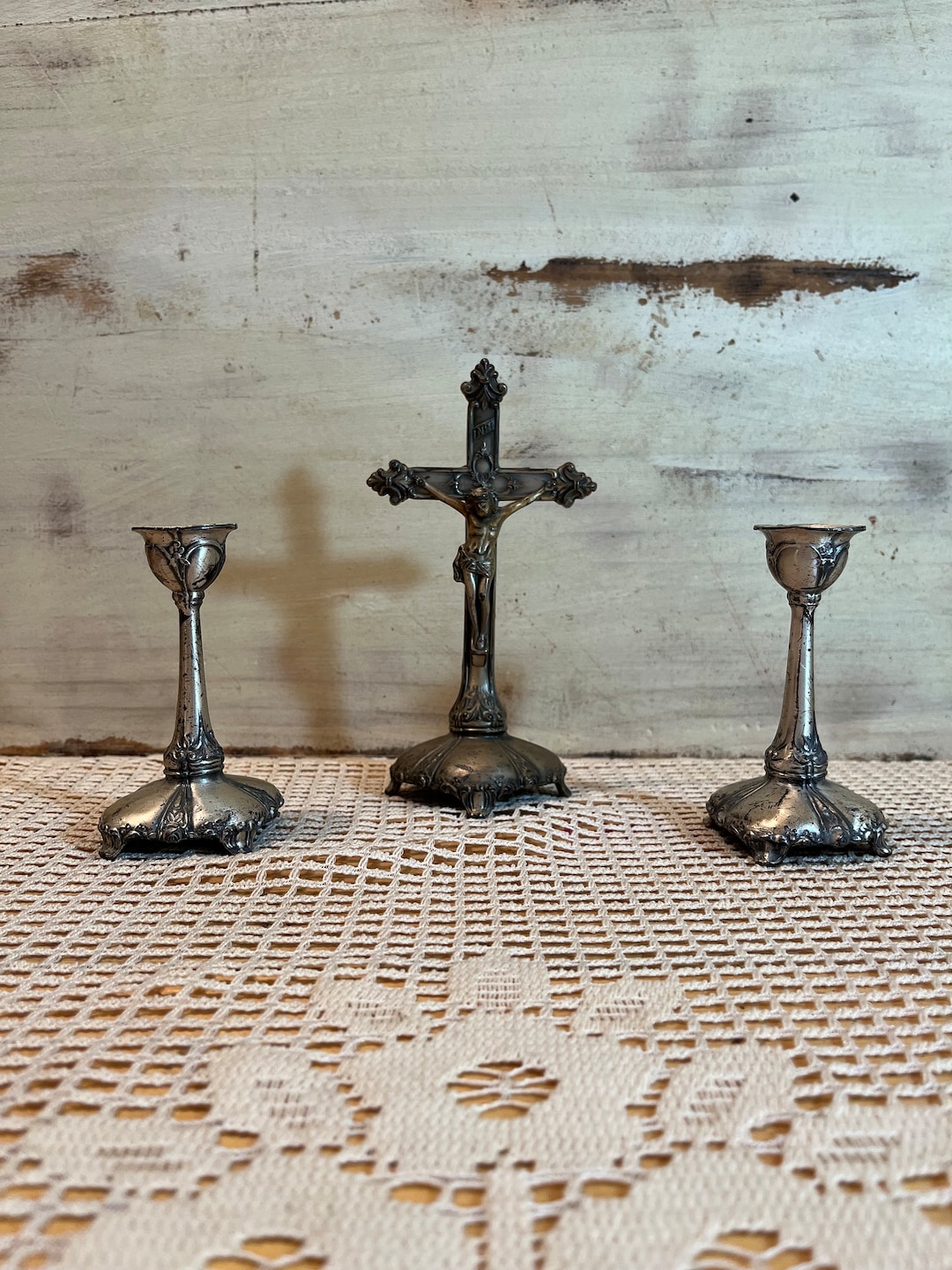 Antique Crucifix and Candlestick Holders, Standing Cross, Metal Crucifix, Jesus Christ - Etsy