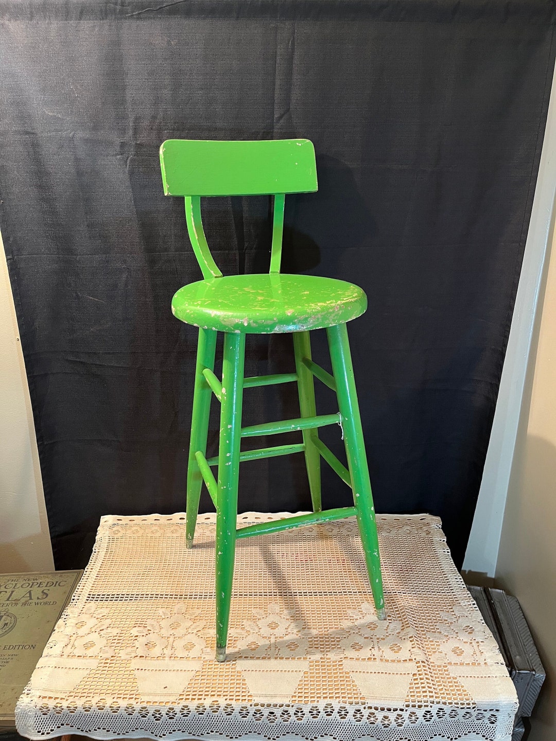 Vintage Wood Stool, Wood Bar Stool, Kitchen Stool, Farmhouse, Green ...