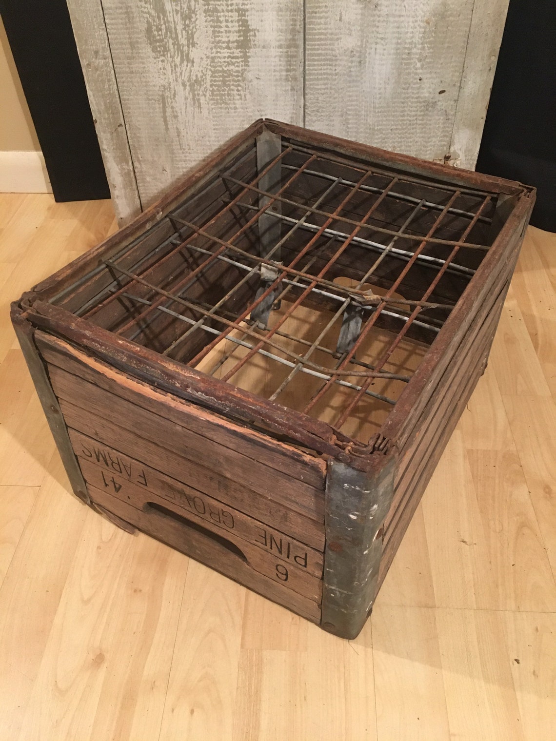 Vintage Pine Grove Farms Milk Crate, Wood and Metal Milk Crate ...