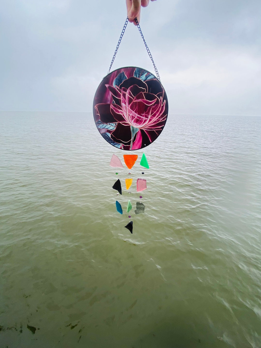Purple Rose Sun Catcher With Sea Glass and Crystal Beads Wind Chime ...