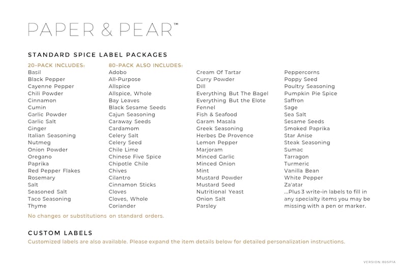 Classic Spice Labels Water and Oil Resistant by Paper & - Etsy