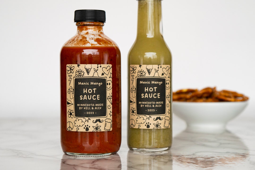 Retro-doodle Hot Sauce and Salsa Labels • Neon Color Options • Custom ...