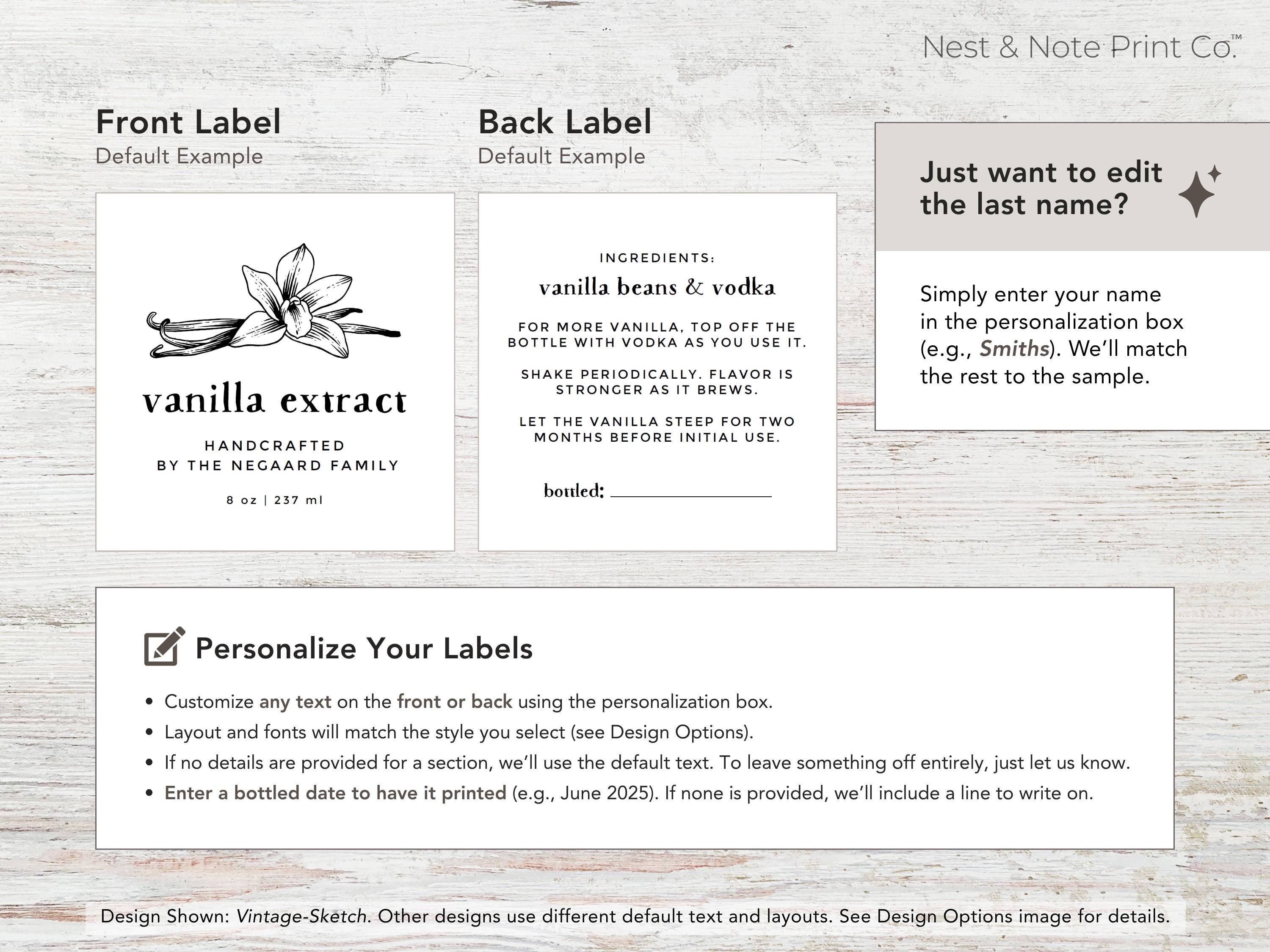 Vintage-sketch Vanilla Labels • Personalized Stickers • Set of 20 Front ...