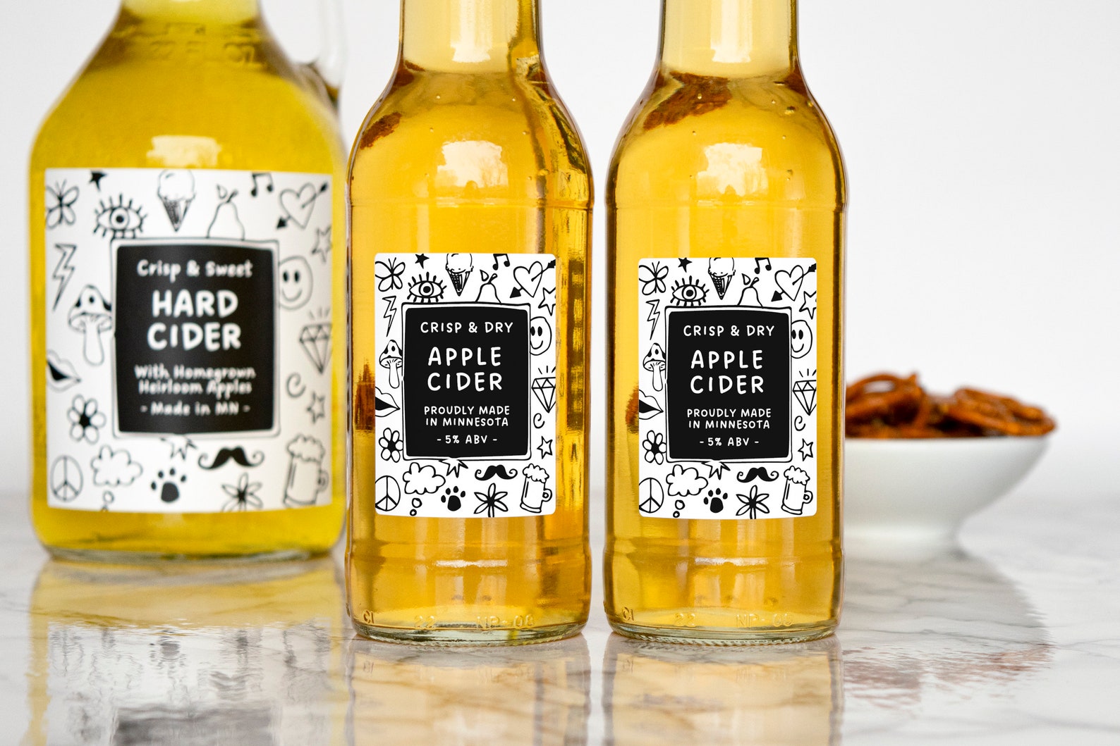 Retro-doodle Hard Cider, Apple Juice + Wine Labels • Neon Color Options ...