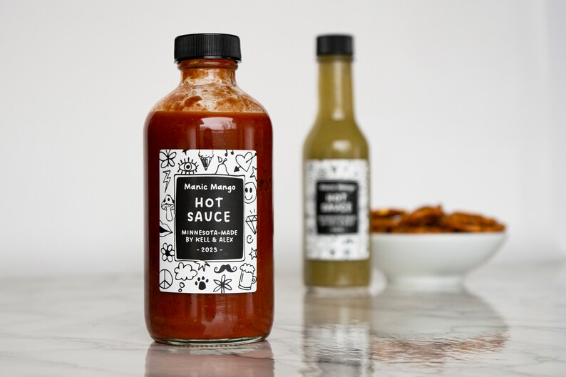 Retro-doodle Hot Sauce and Salsa Labels • Neon Color Options • Custom ...