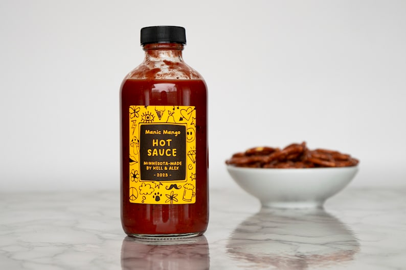 Retro-doodle Hot Sauce and Salsa Labels • Neon Color Options • Custom ...