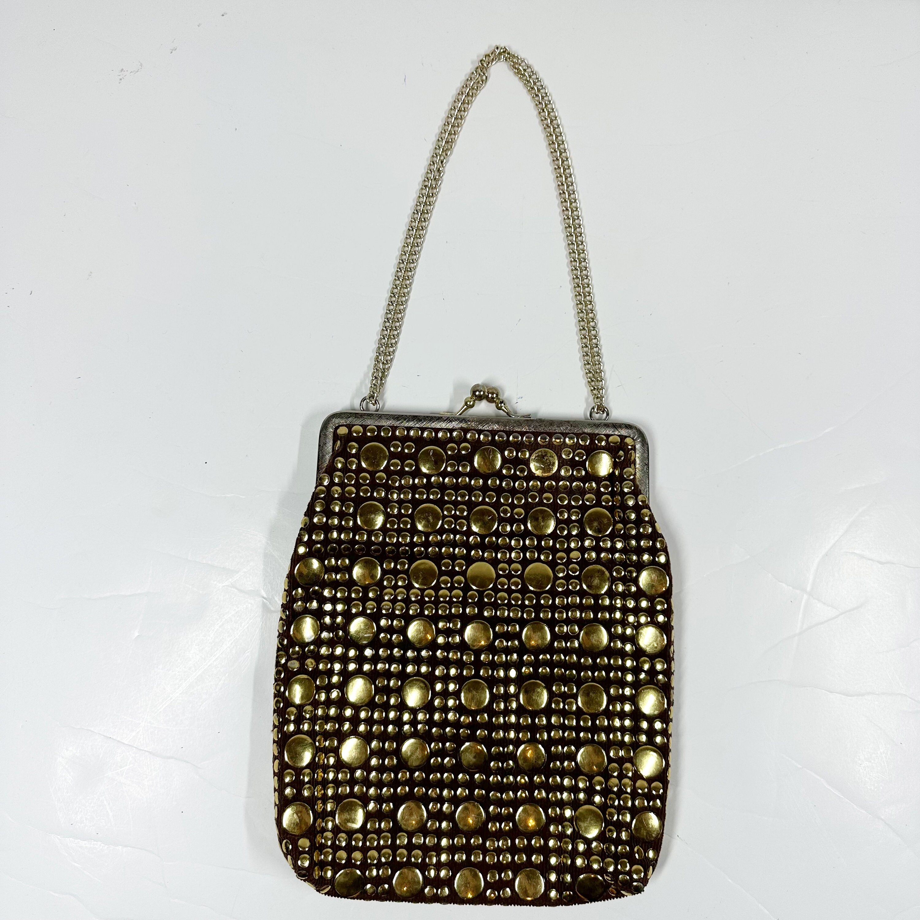 Vintage Brown & Gold Disc Dots Evening Chain Bag Handbag Purse Made in ...