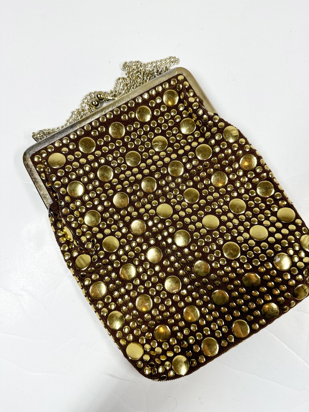 Vintage Brown & Gold Disc Dots Evening Chain Bag Handbag Purse Made in ...