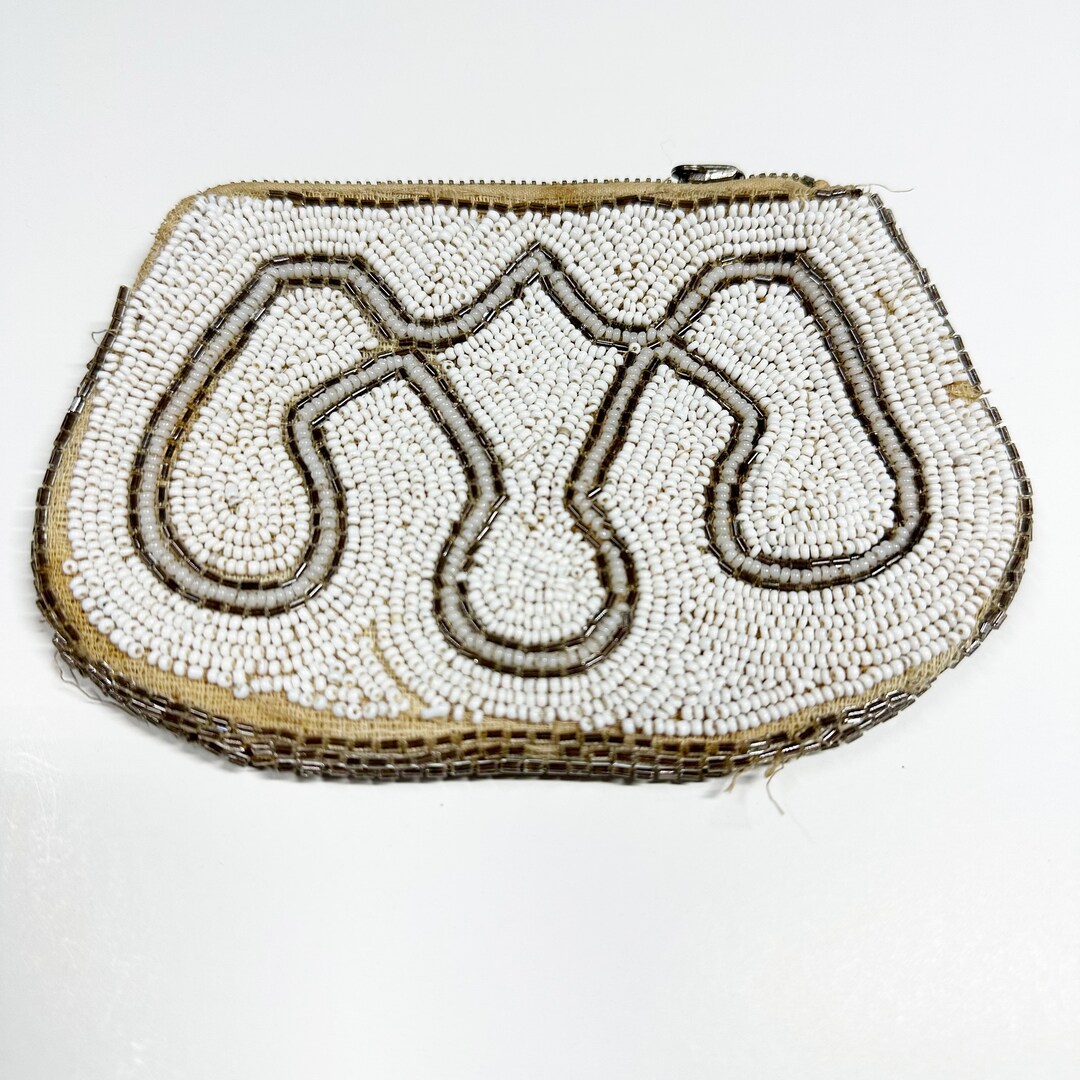 Vintage White Beaded Coin Purse Small Bag Purse Pouch Prentice Zipper ...
