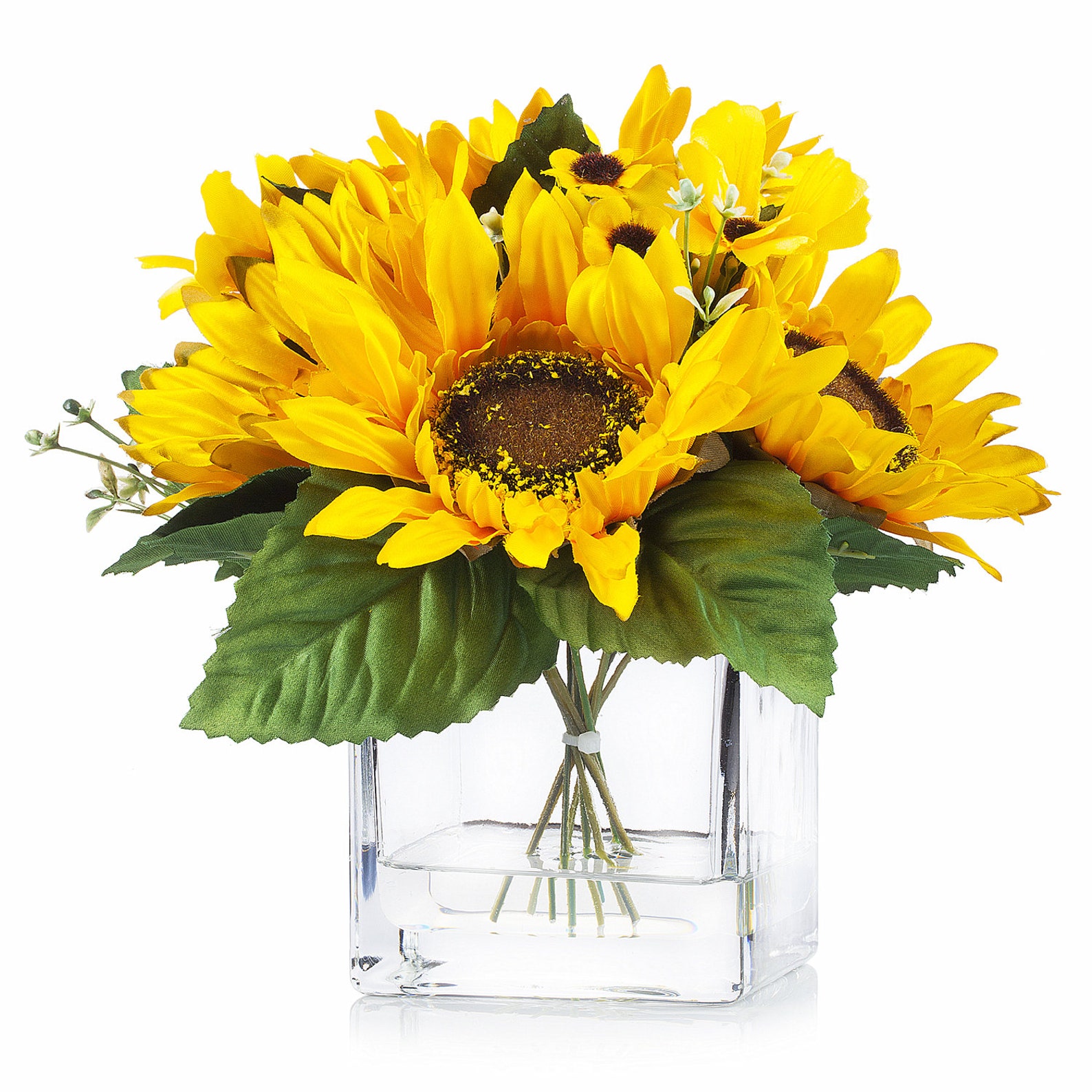Enova Home Artificial Sunflower Arrangement in Cube Glass Vase - Etsy