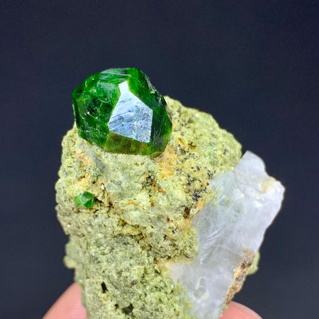 Natural Rare Rich Green Demantoid Garnet Crystal With Calcite on Matrix ...