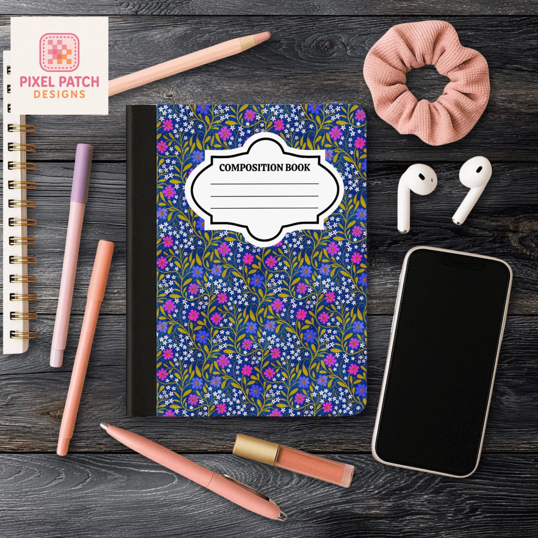 Printable Composition Notebook Cover PNG Trailing Flowers on Blue Back ...