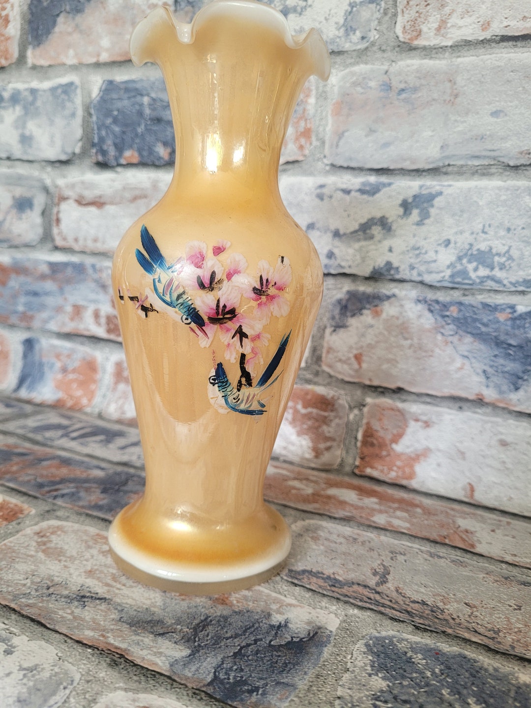 Vintage Peach Cased Ruffle Retro Vase With Handpainted Floral Flower ...