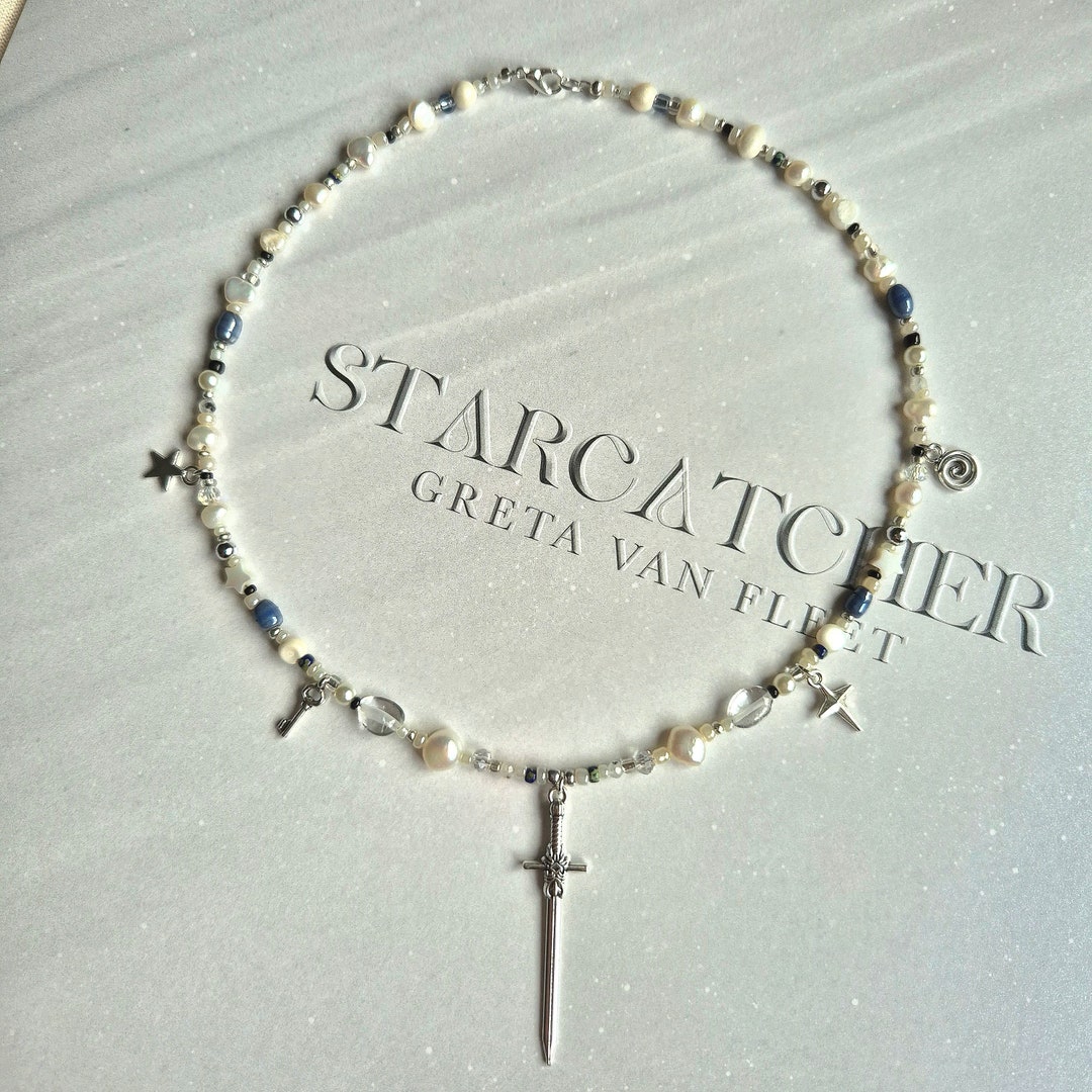 Starcatcher Pearl Sword Beaded Crystal Necklace With Silver Charms ...