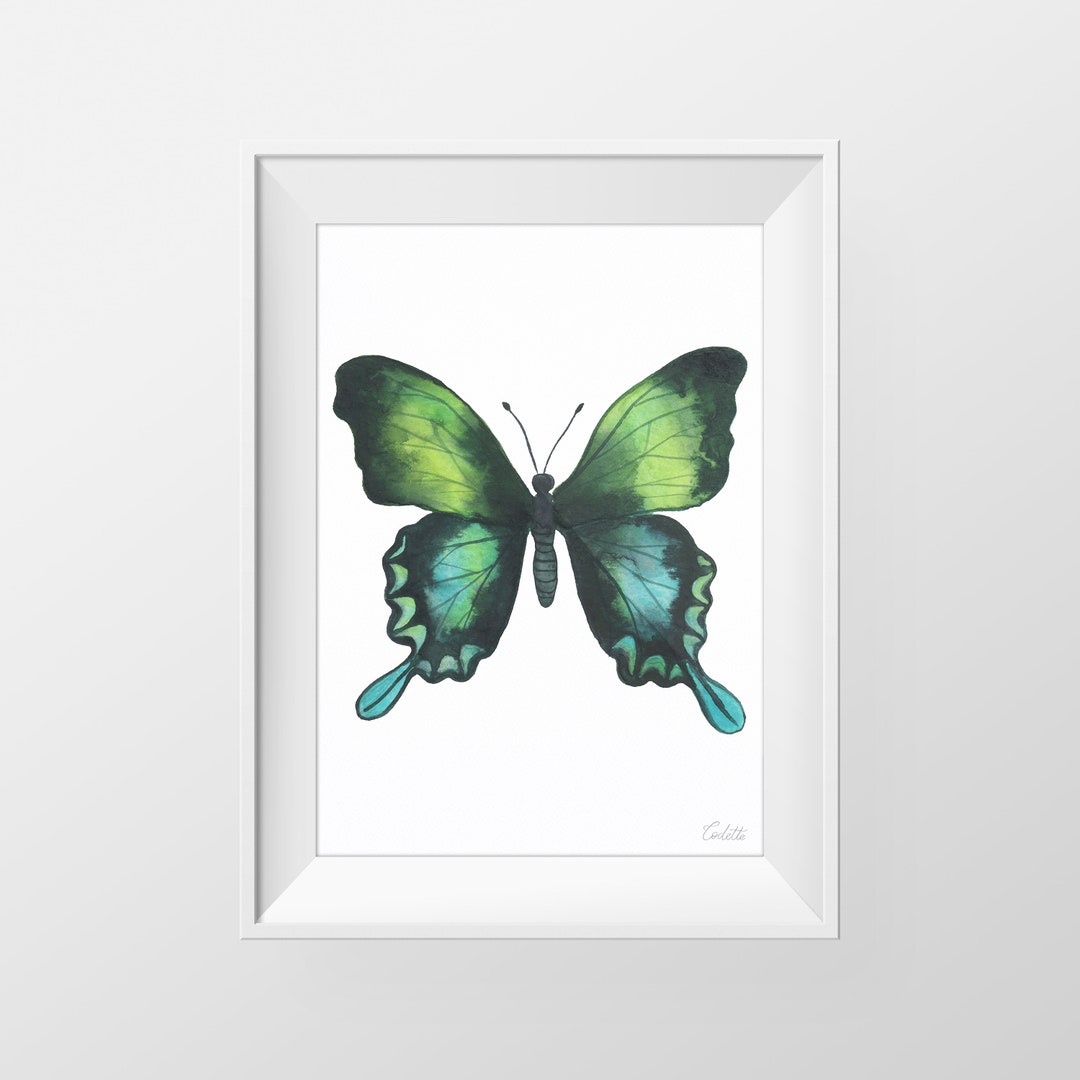 Green Butterfly Watercolor Print, Butterfly Illustration, Contemporary ...