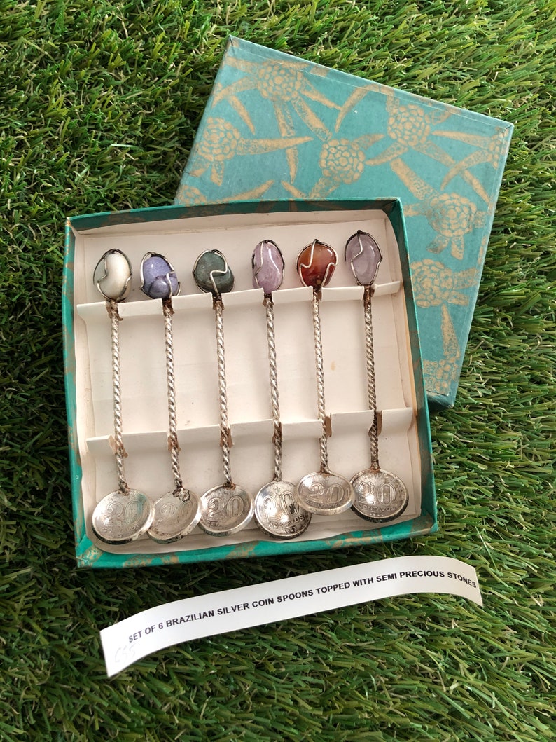 Brazilian Handmade Silver Coin Spoons Topped With Semi-precious Stones ...