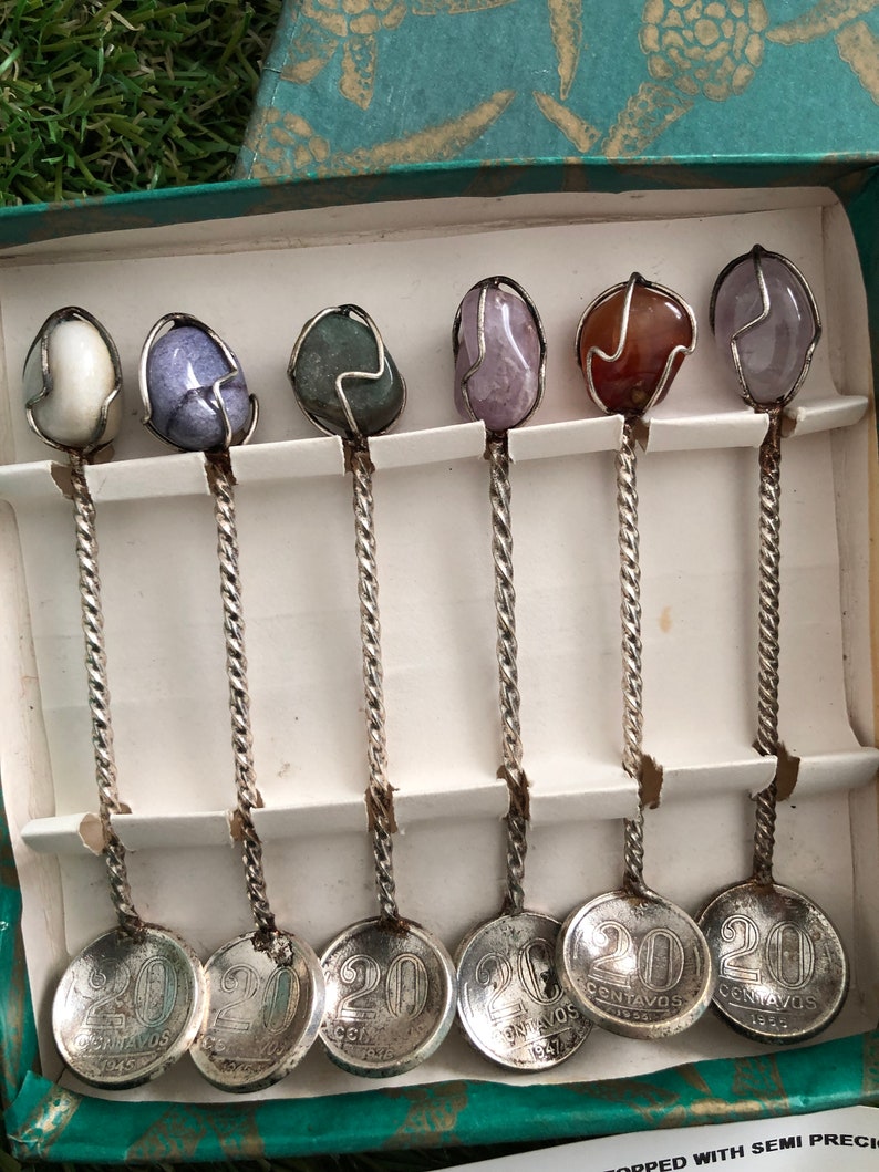 Brazilian Handmade Silver Coin Spoons Topped With Semi-precious Stones ...