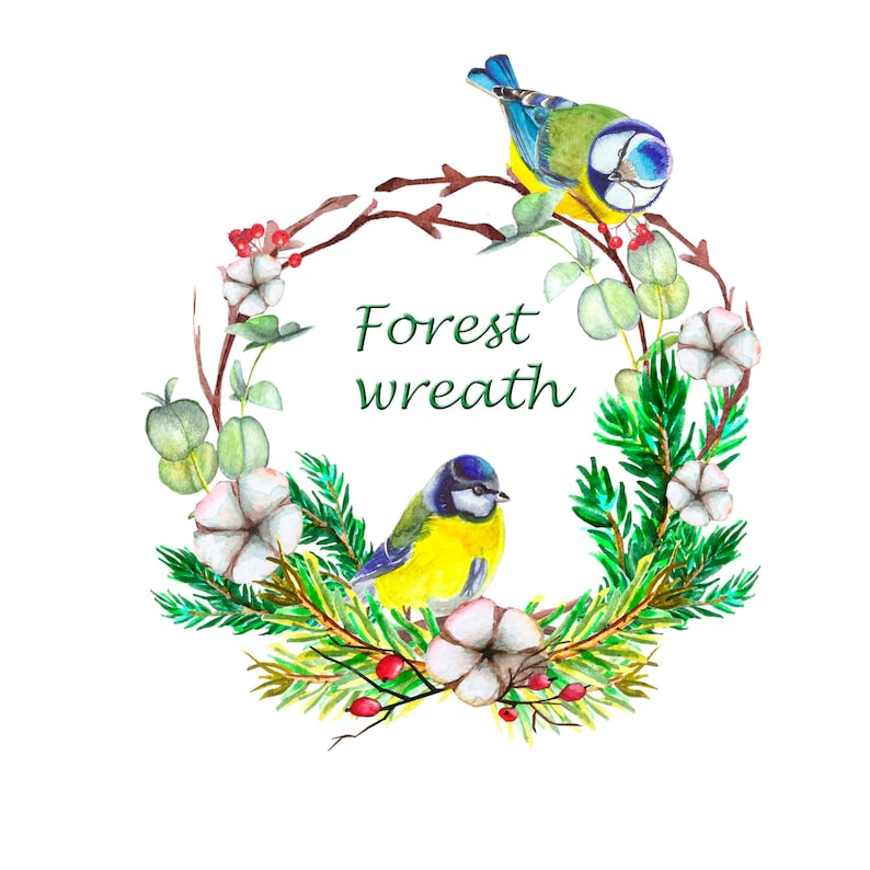 Digital Download Watercolor Christmas Wreath With Bluebird, Winter Card ...