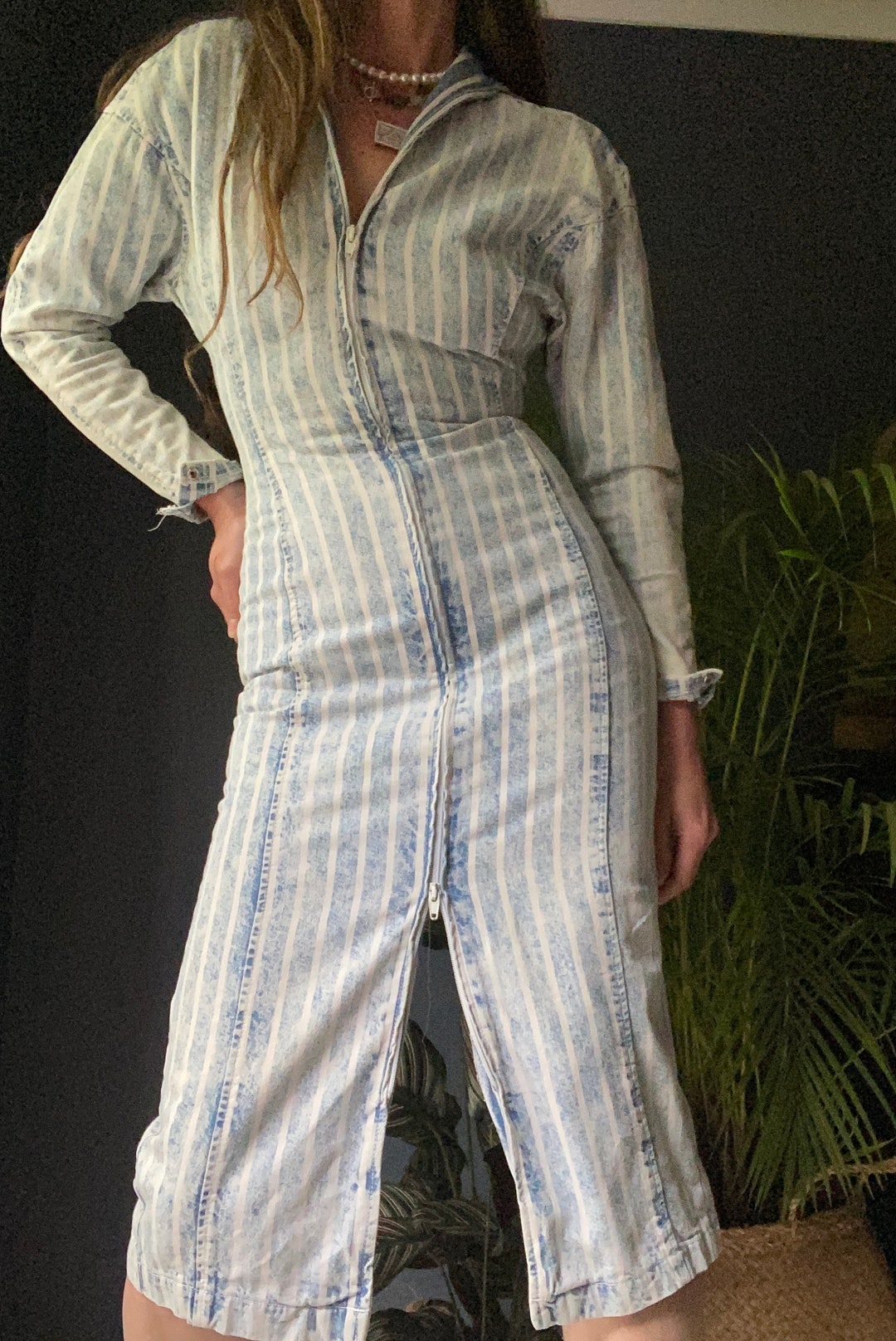 Vintage Stonewashed Denim Striped Zip up Wiggle Dress - Etsy