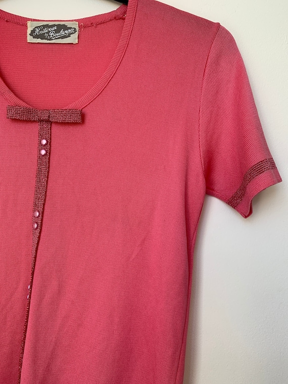 1960s Fine knit stretch pink vintage top with bow det… - Gem