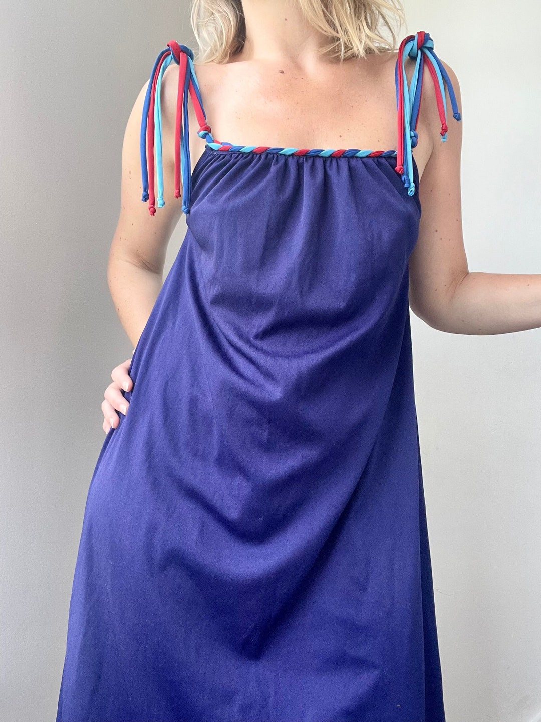 Vintage Royal Blue Sun Dress / Plaited Braided Shoulder Ties - Etsy
