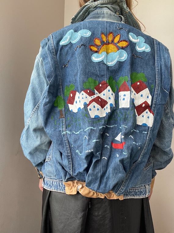 vintage customised denim jacket / hand painted / upcy… - Gem