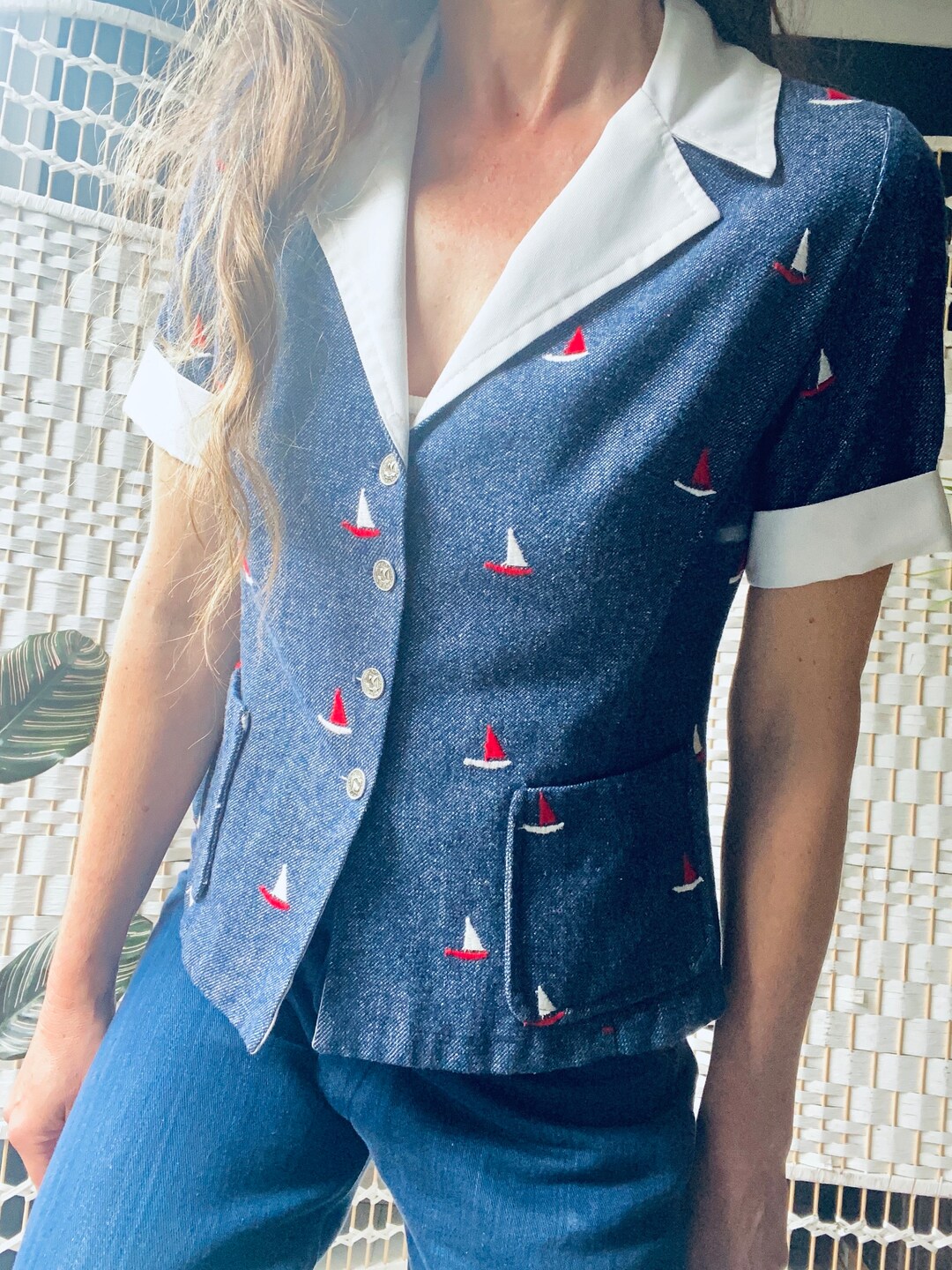 Vintage Sixties Nautical Denim Style Embroidered Boat Blouse Jacket - Etsy