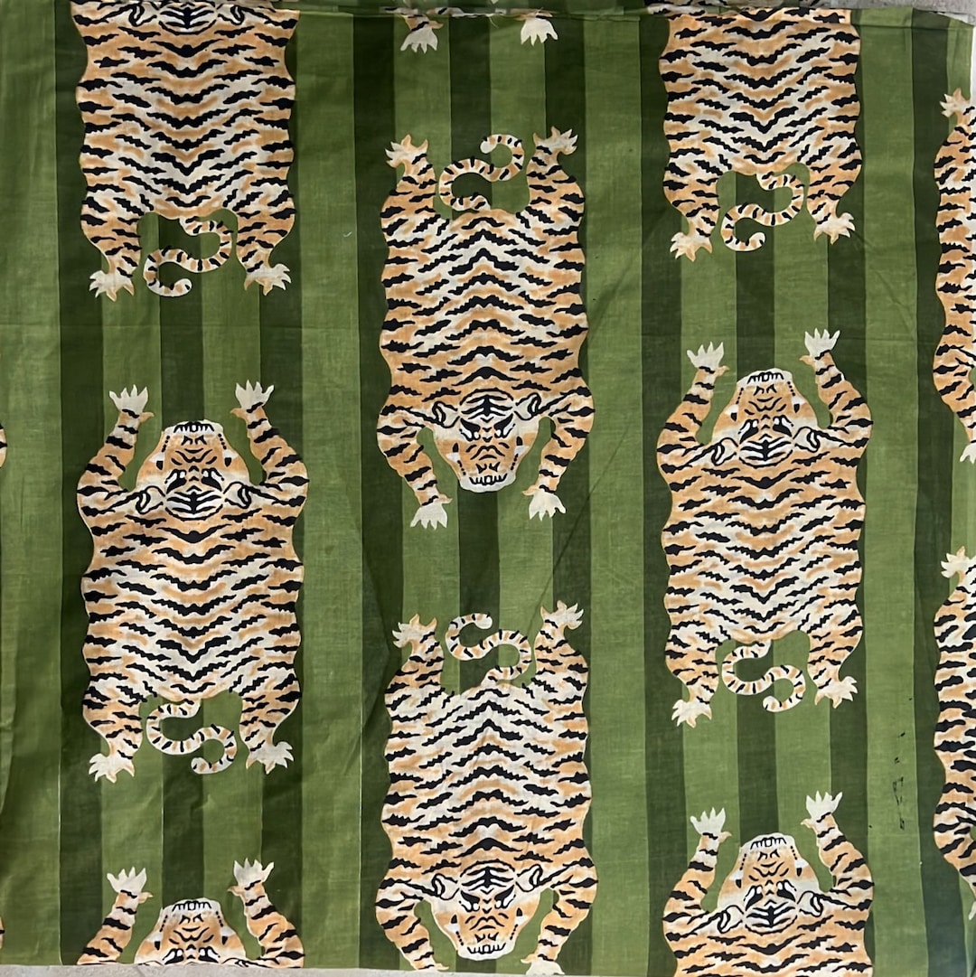 Hand Block Printed Cotton Fabric: Tiger Stripe Green Cloth by the Yard ...