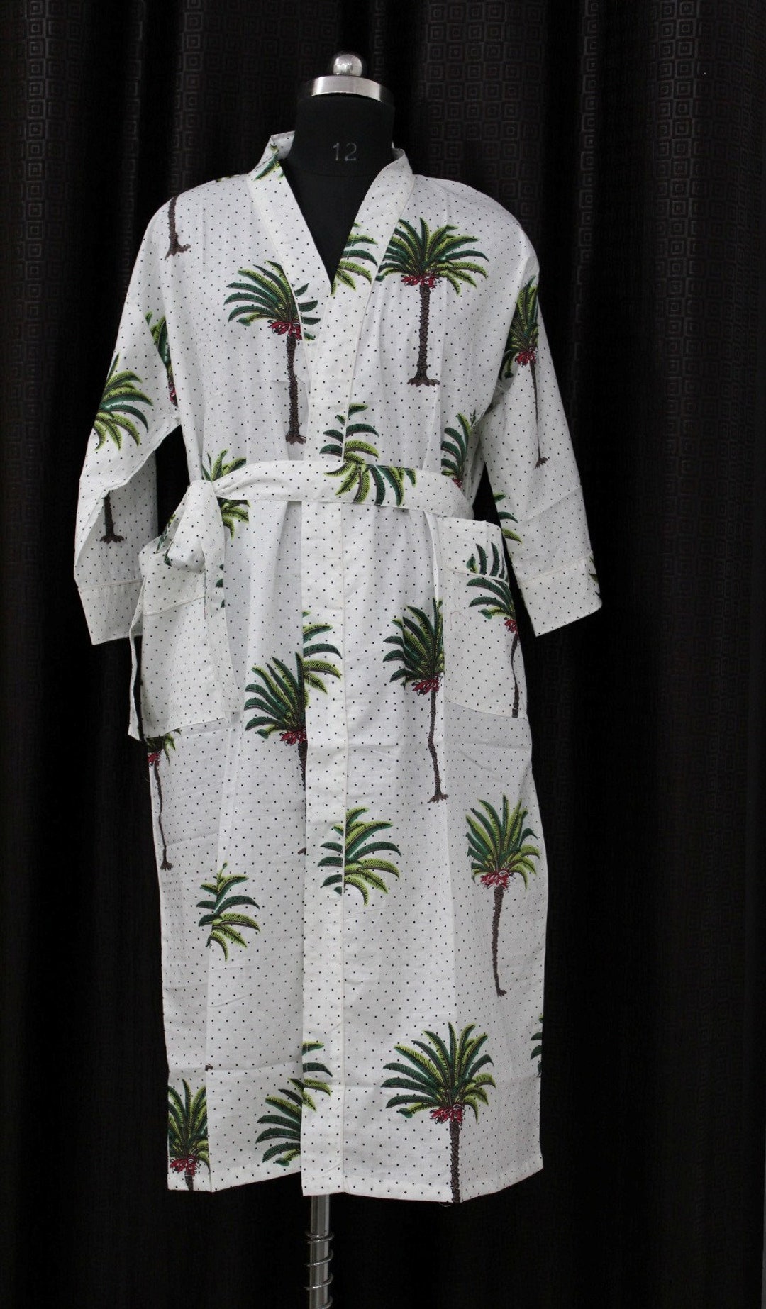 New Handblocked Palm Tree Green Print Kimono Robe, Cotton Kimono, Women ...