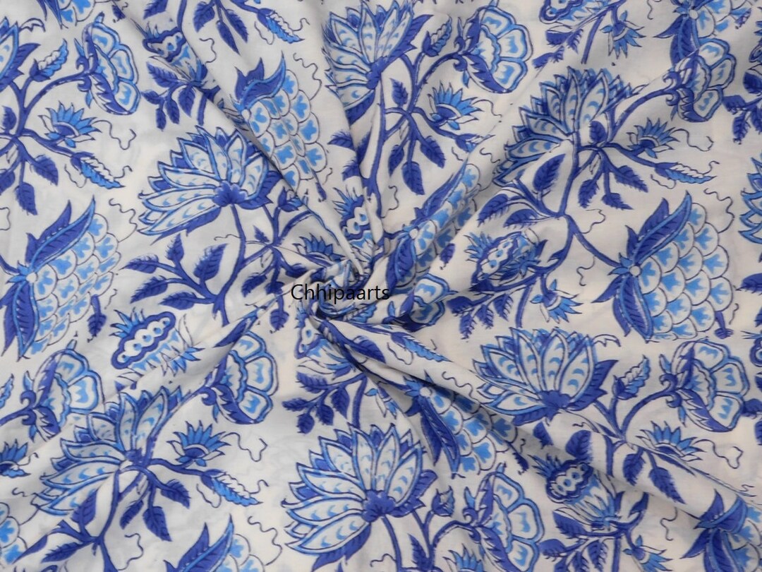 Blue Floral Hand Print Cotton Fabric: Indian Block Print, Sewing ...