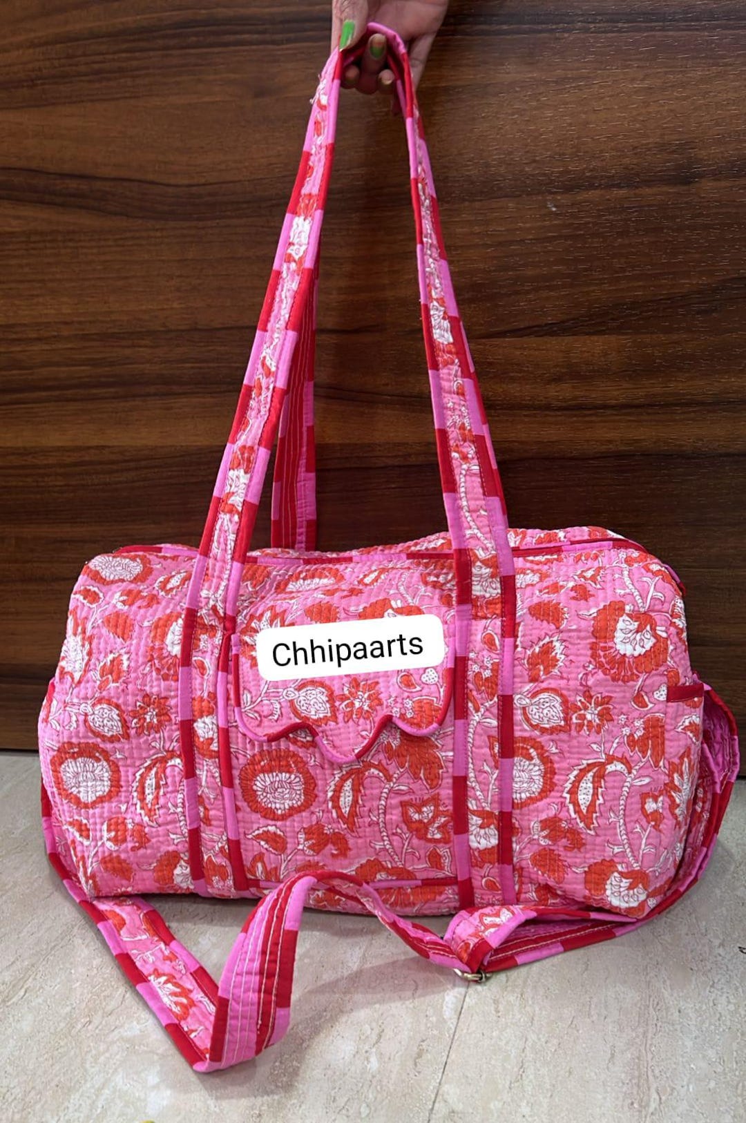 New Quilted Cotton Handprinted Reversible Large Pink Floral Duffel Bag ...
