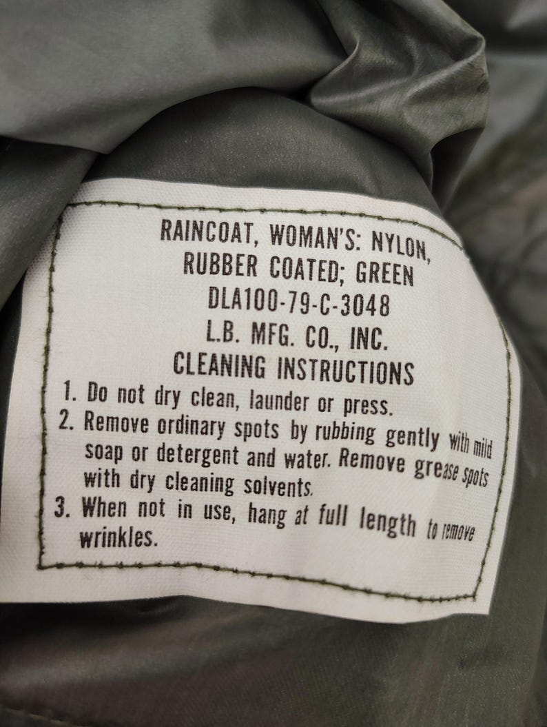 Vintage Military Issued Woman's OD Green Nylon Raincoat, Rubber Coated ...