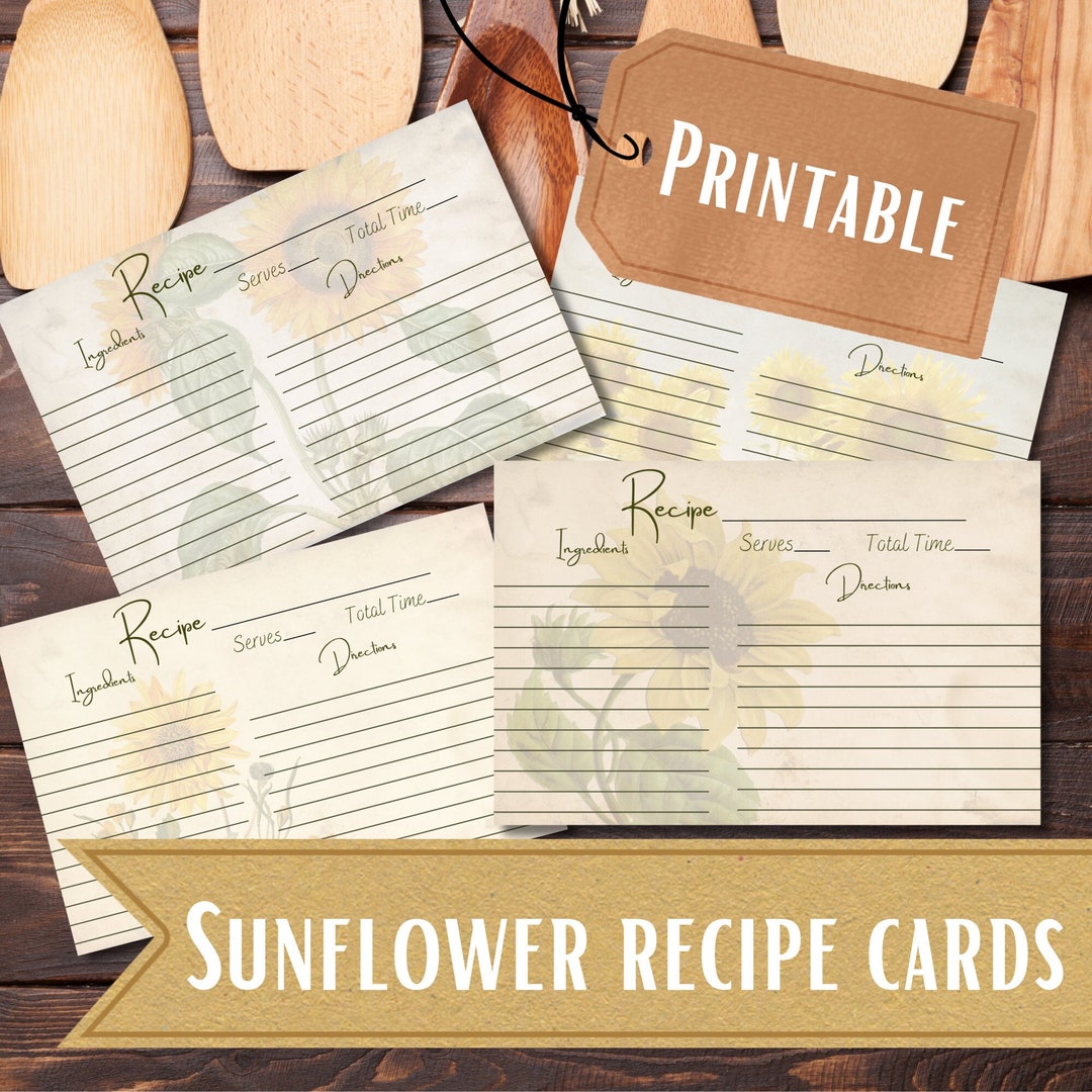 Printable Sunflower Recipe Cards, PDF & PNG, 3x5 and 4x6, Fall Flower ...