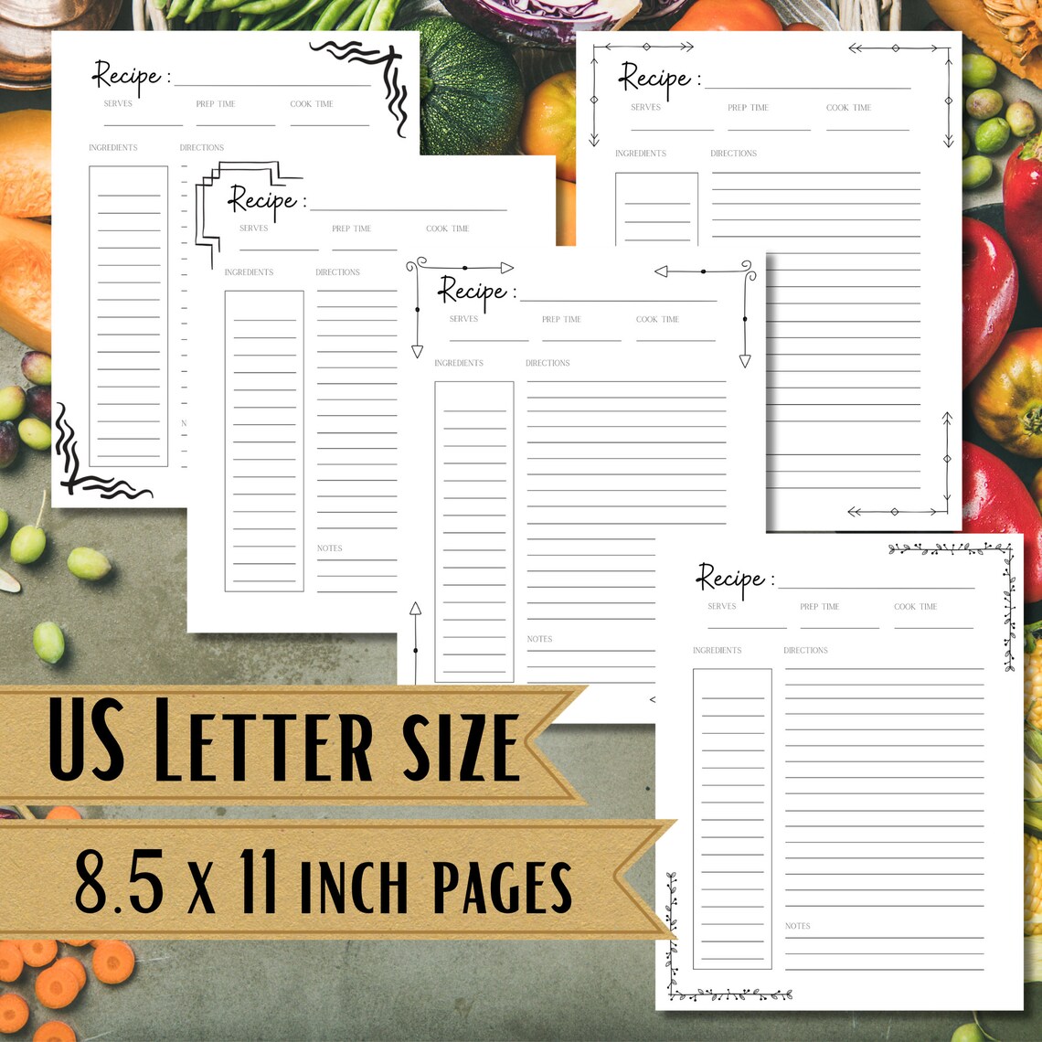 Printable Recipe Pages Template, Binder Sheet Kit, Digital Download Pdf ...