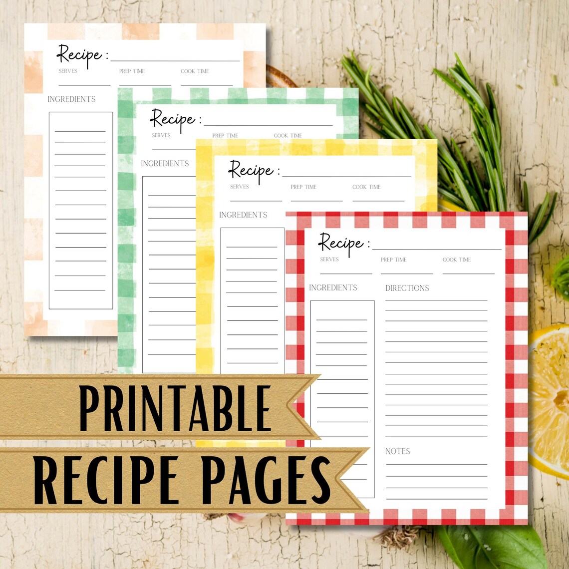 Printable Recipe Pages Template, Binder Sheet Kit, Digital Download Pdf ...