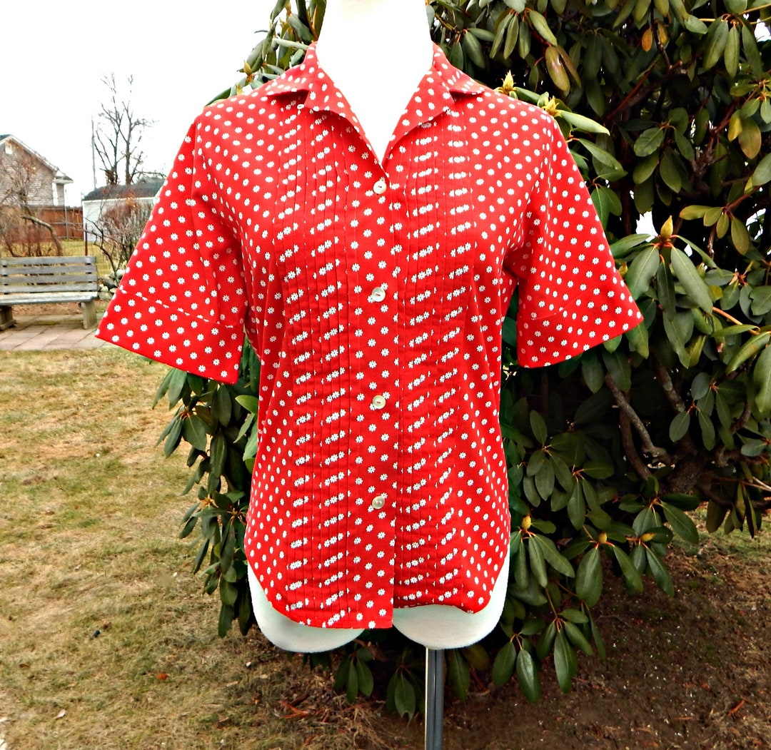 60s Prestige Boston Red Floral Blouse, Size XS S, Bust 34 Inches ...