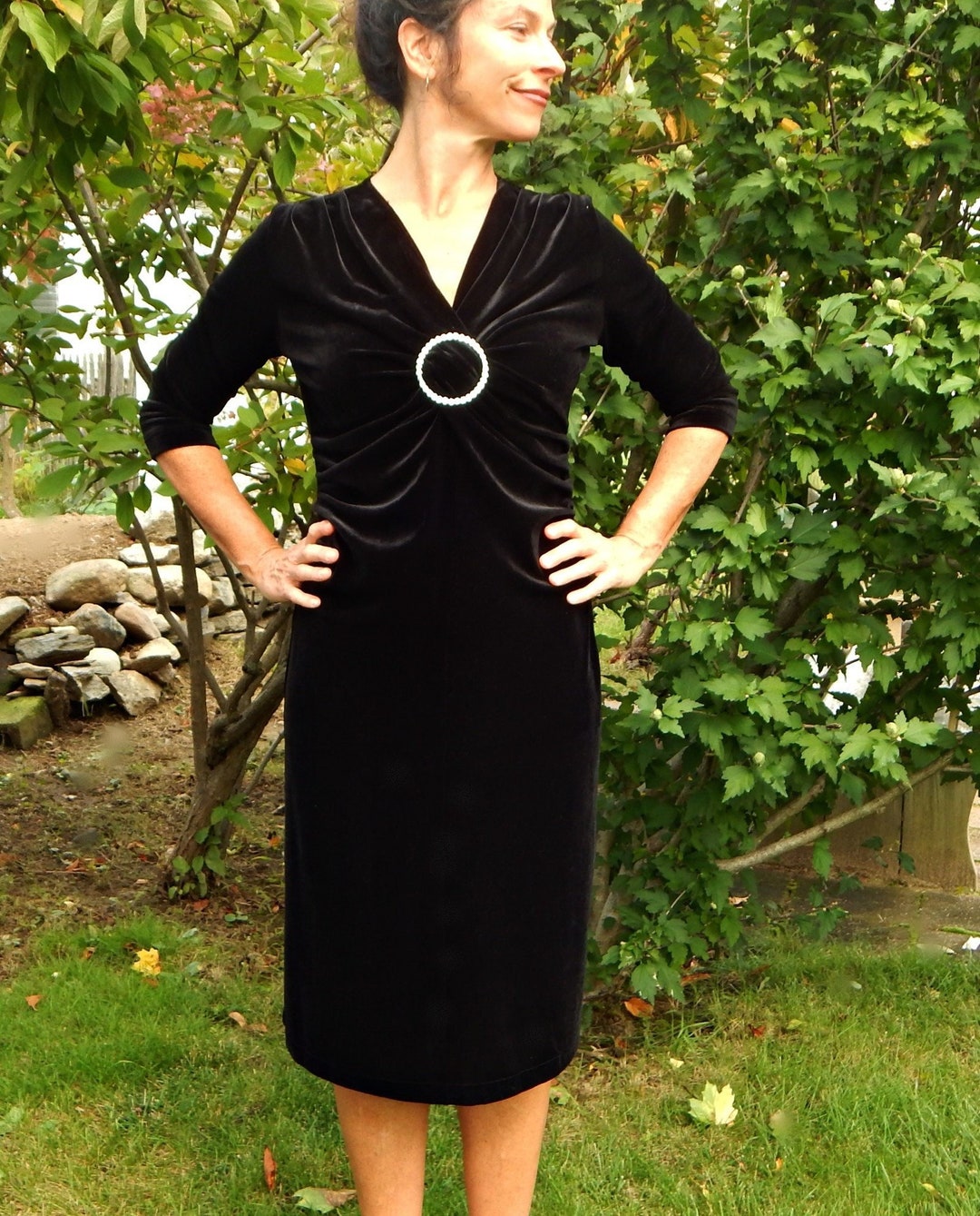 Black Velvet Evening Midi Dress, Size S M, Vintage 90s Rhinestone ...