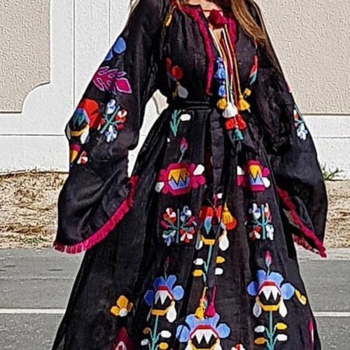 Embroidered Linen Boho Dress Black White With Ethnic Floral - Etsy