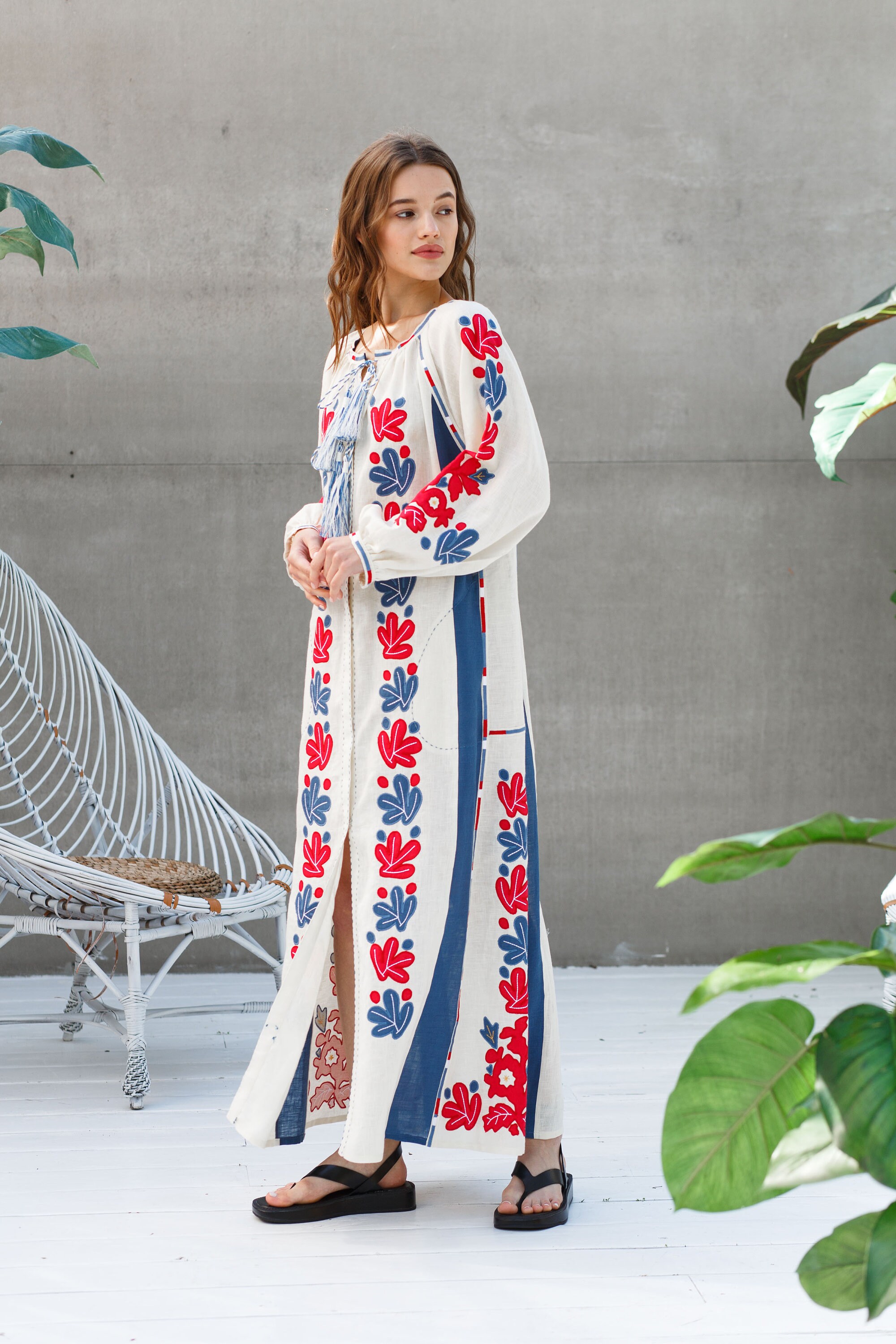 Leaves linen embroidered dress with applique embroidery | Etsy