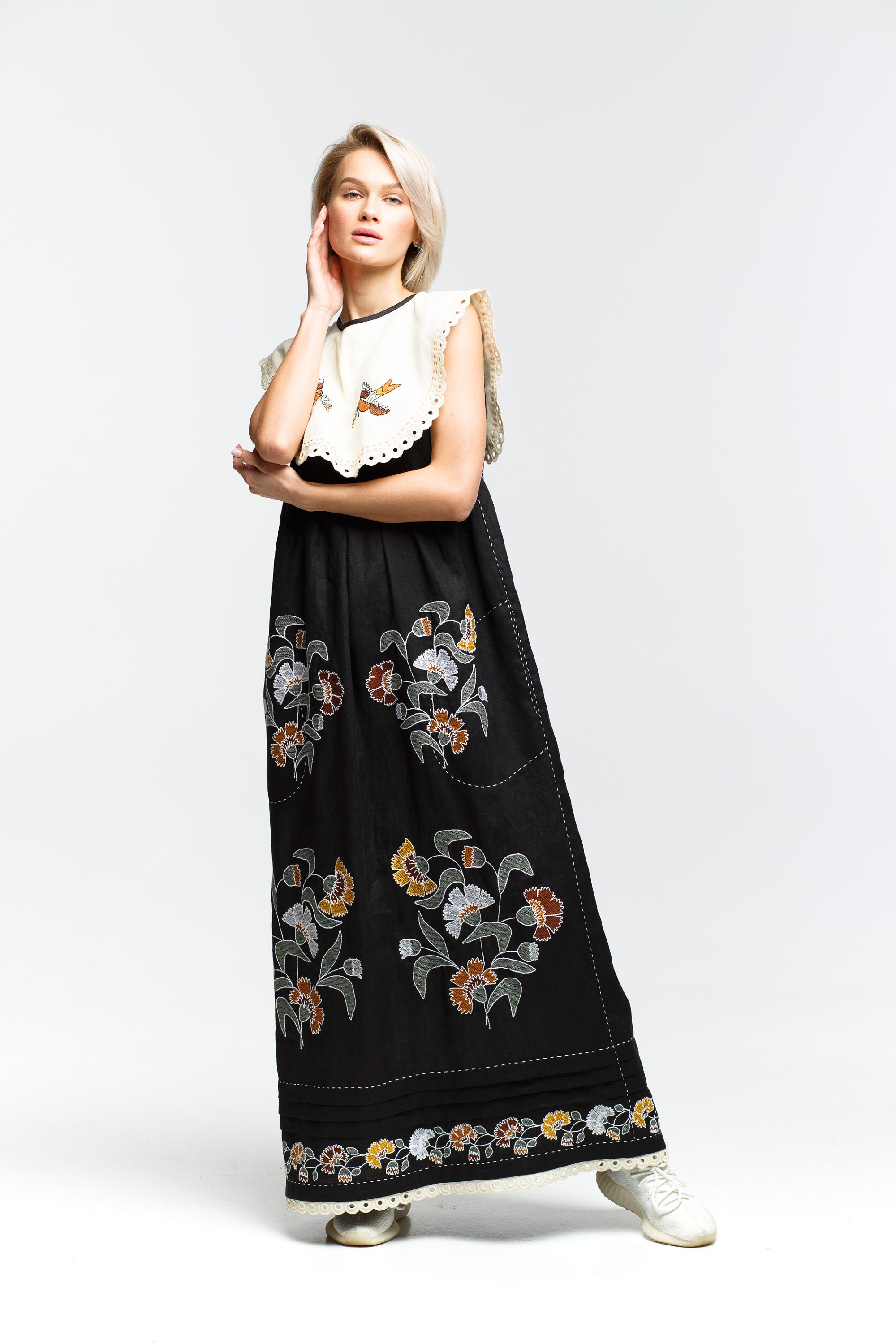 Embroidered Collared Dress Carnations Sleeveless Linen Robe by - Etsy