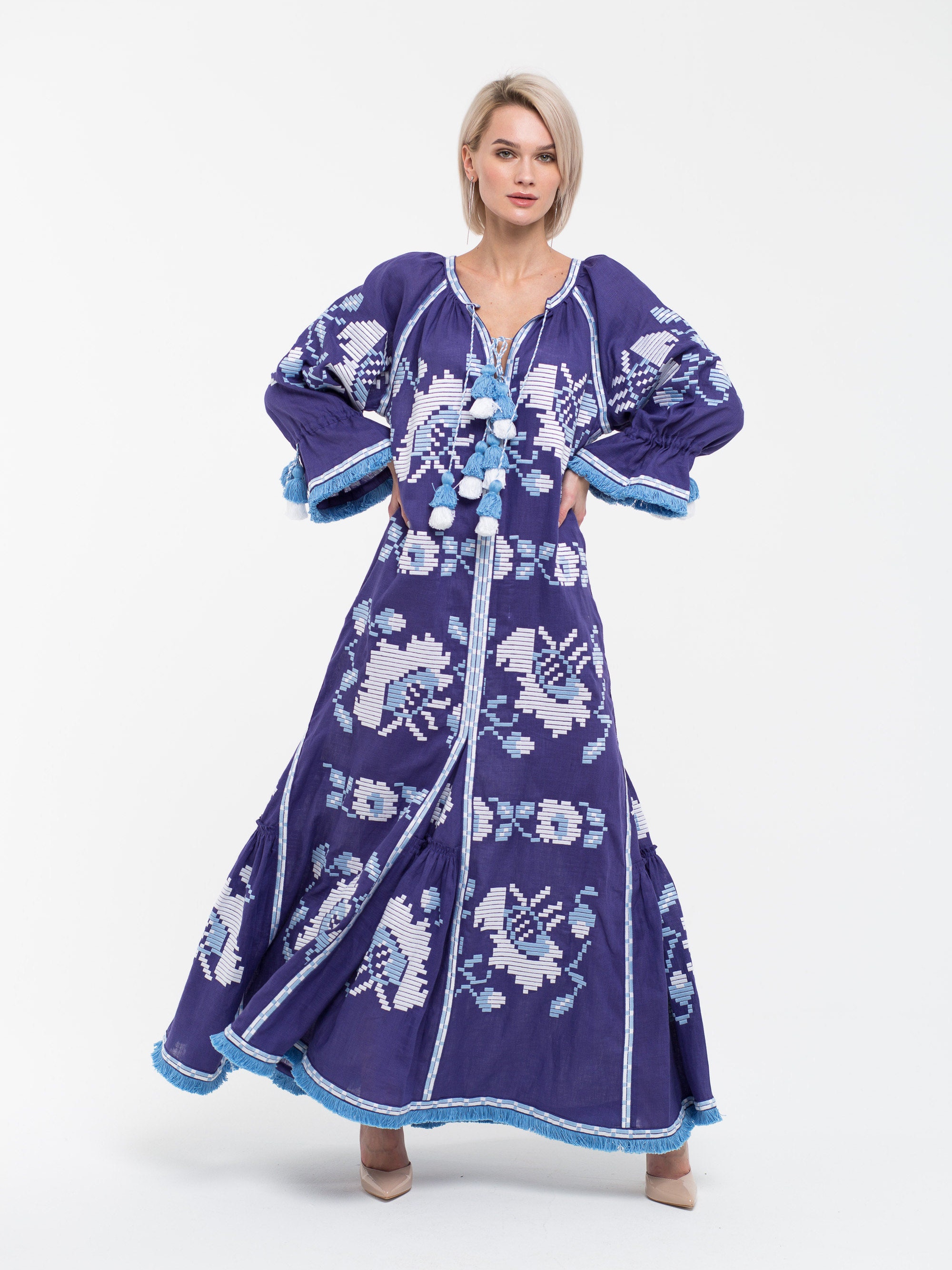 Blue boho maxi dress Vyshyvanka with Ukrainian embroidery | Etsy