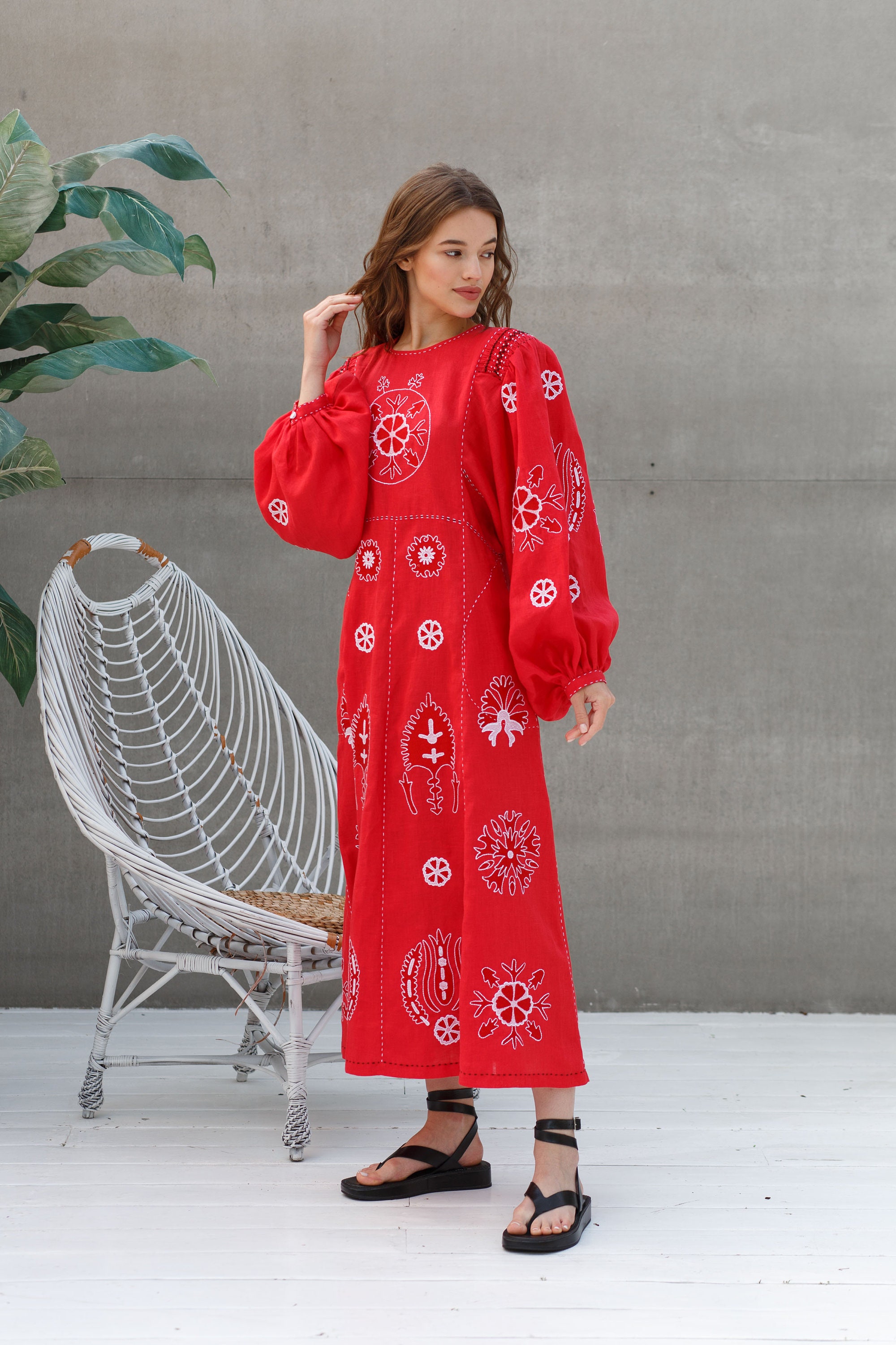 Zou Embroidered Linen Boho Dress Puff Sleeves Bohemian Wedding Dress ...