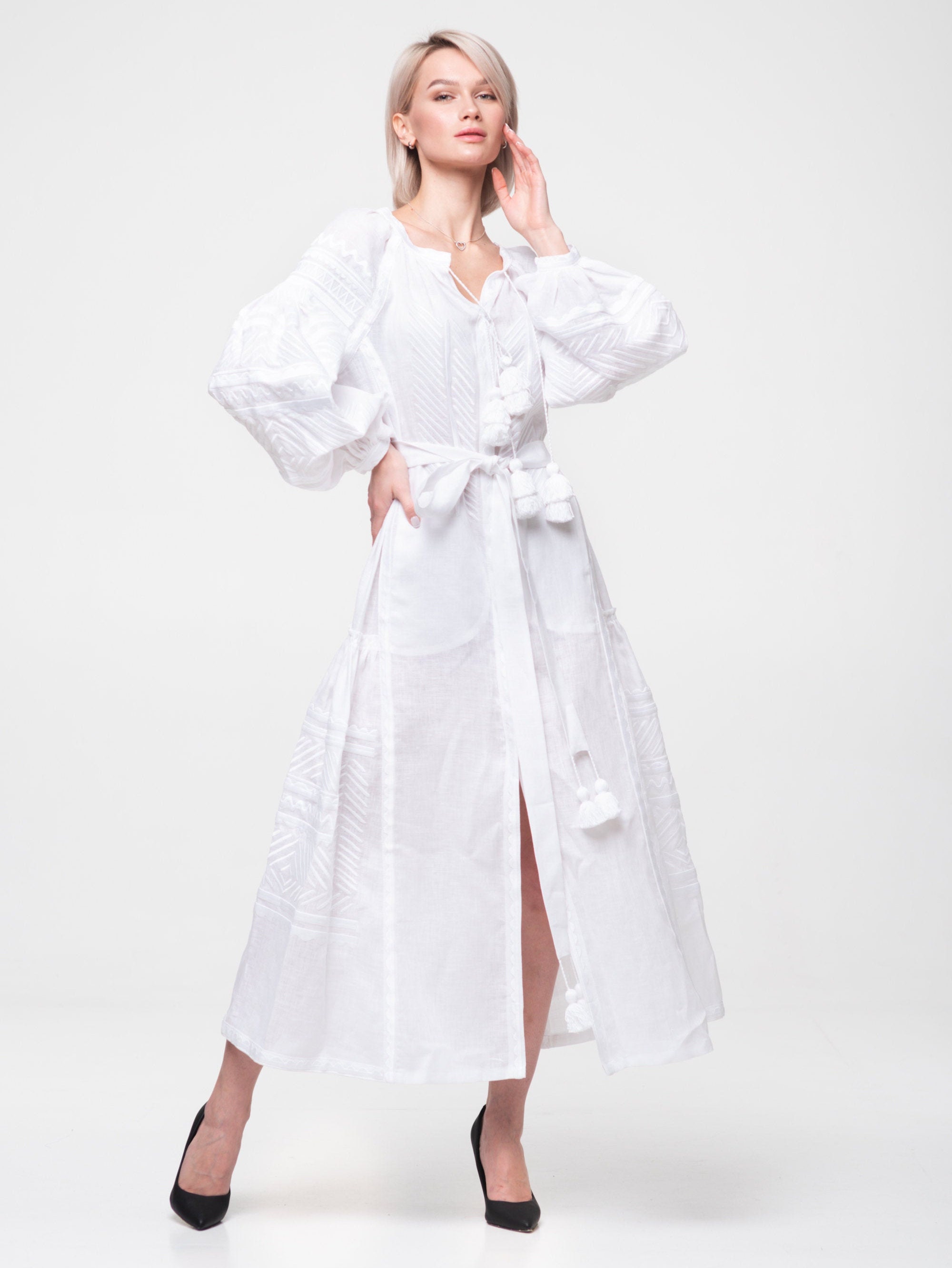 Bodrum Embroidered White Dress Linen Kaftan Abaya Fashion Boho ...