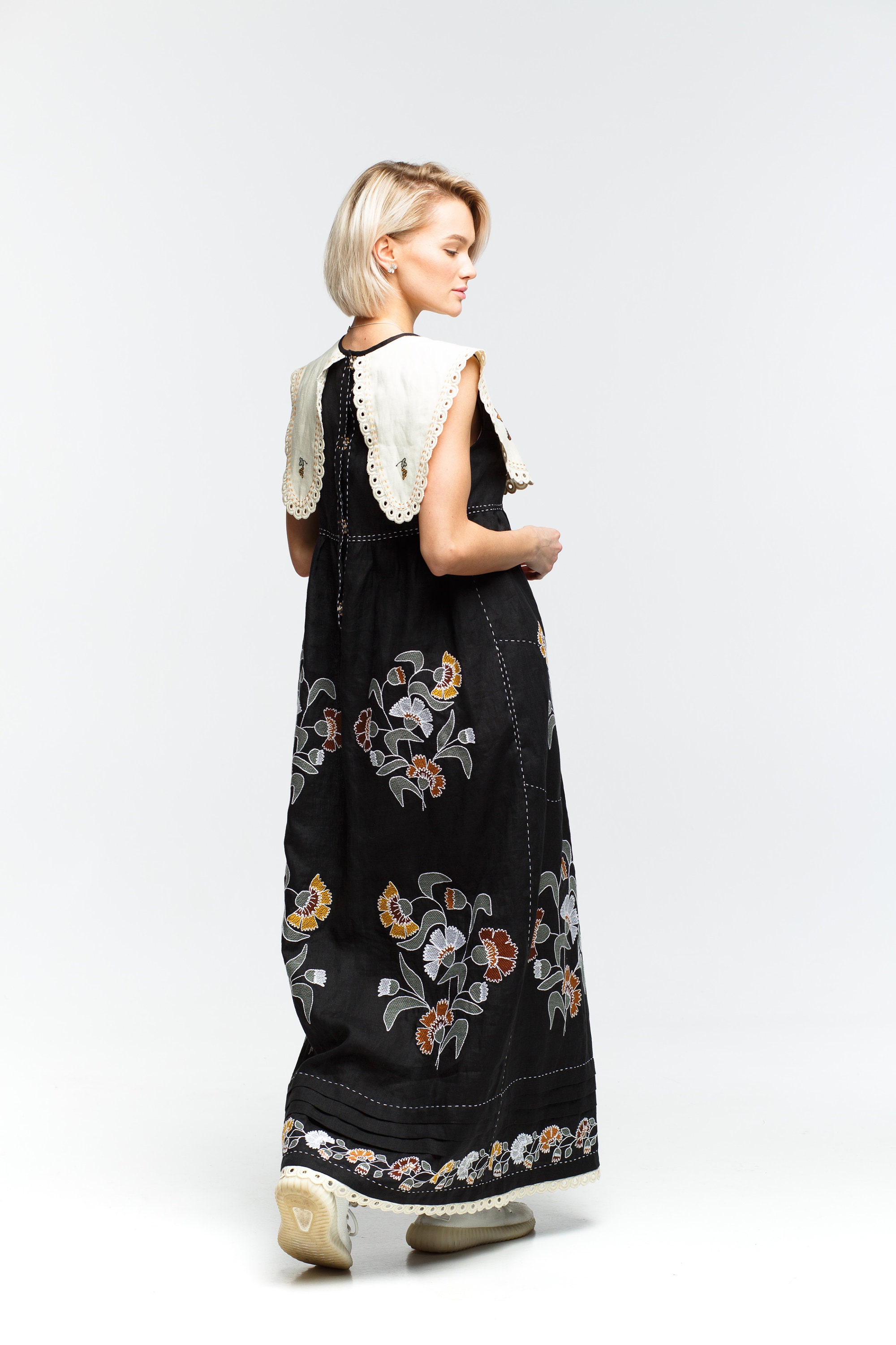 Embroidered Collared Dress Carnations Sleeveless Linen Robe by - Etsy