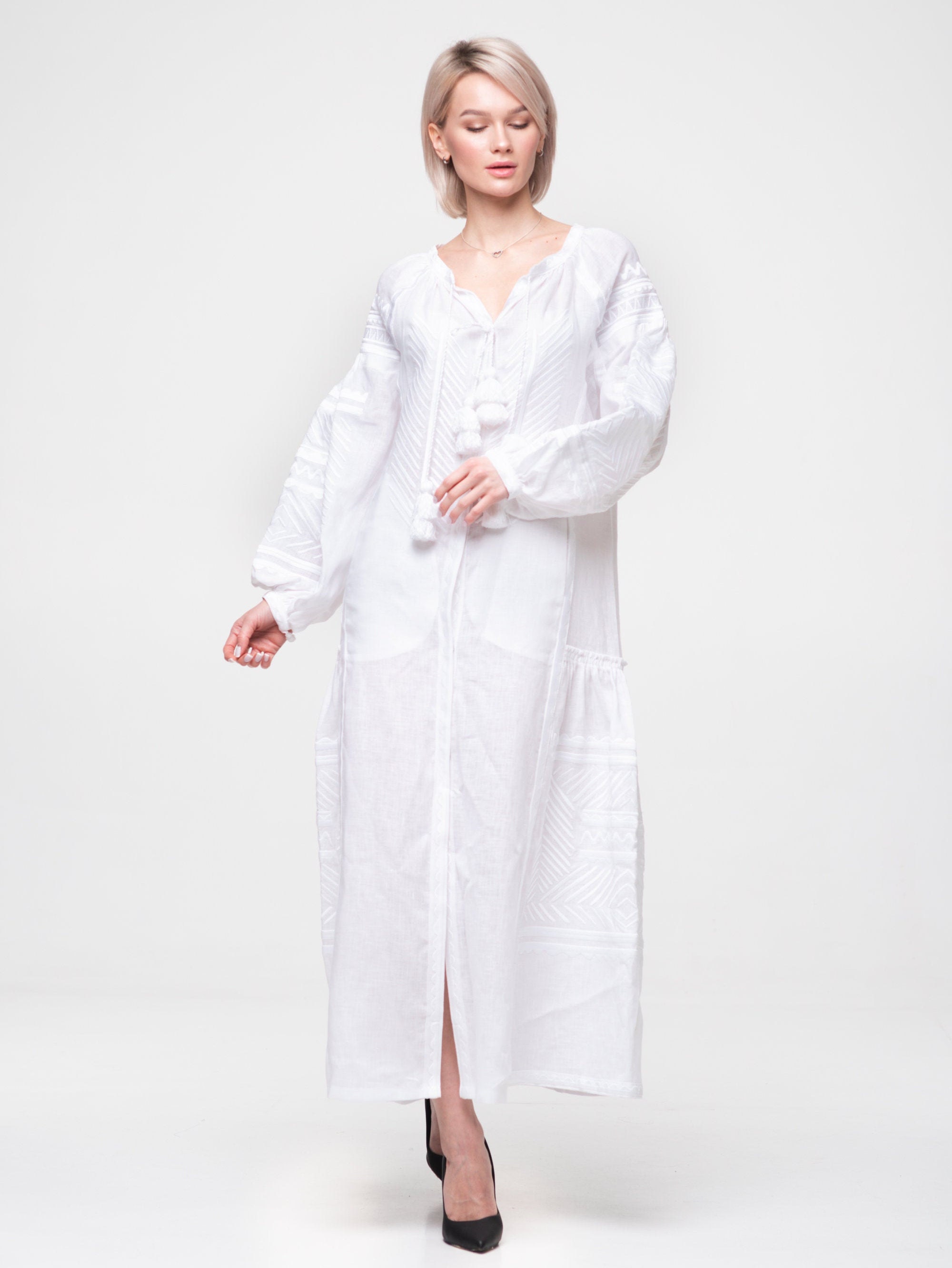 Bodrum embroidered white dress Linen kaftan abaya Fashion boho | Etsy