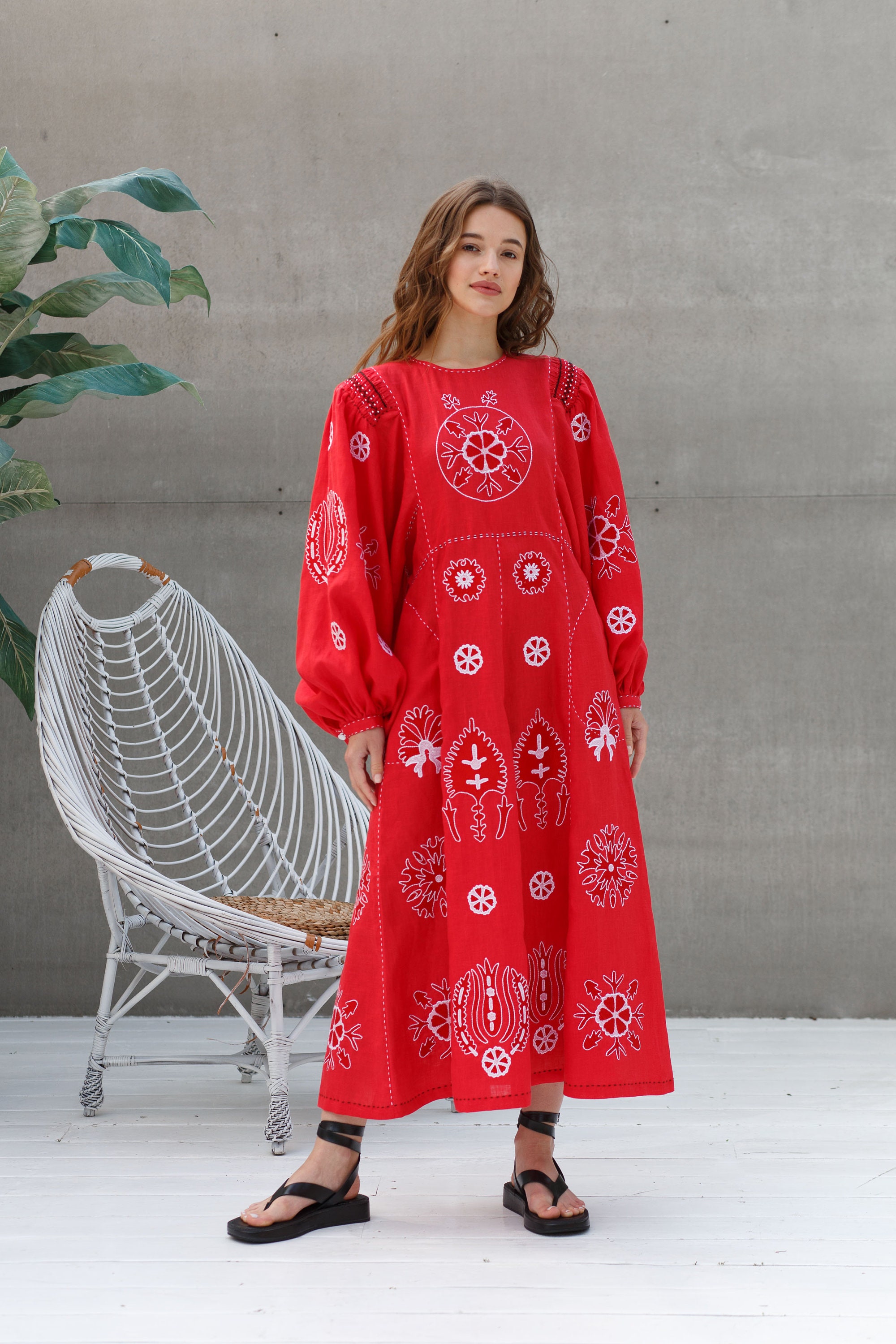 Zou Embroidered Linen Boho Dress Puff Sleeves Bohemian Wedding Dress ...