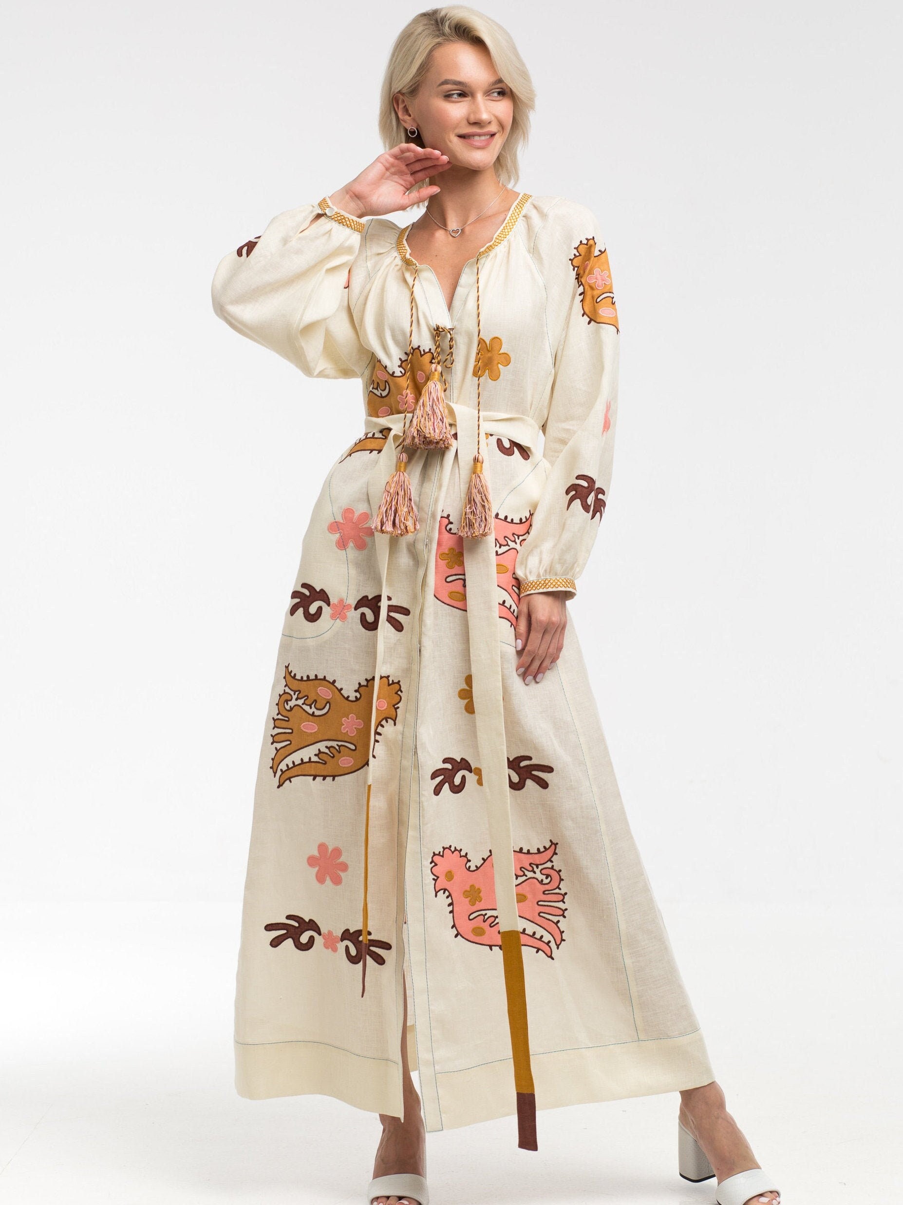 Parrot Embroidered Dress Kaftan Fashion Applique Linen Boho Dress ...