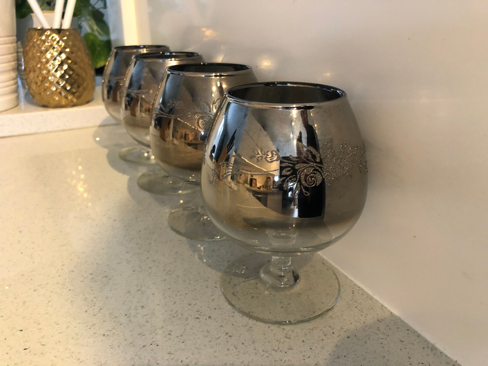 4 Mid Century Modern Silver Fade Brandy Snifter Cognac Balloon Glasses ...